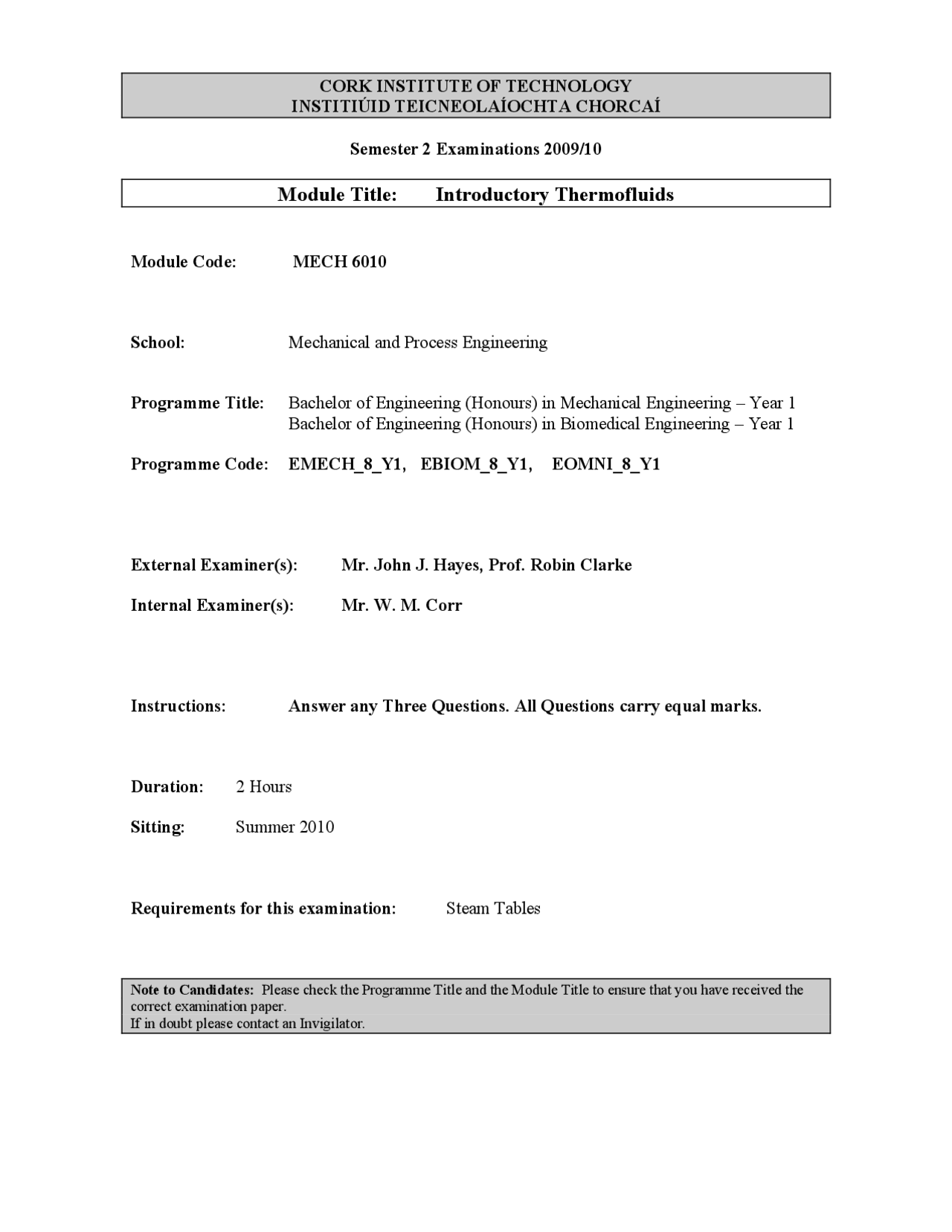 Enthalpy - Introductory Mechanical Engineering - Exam - Docsity