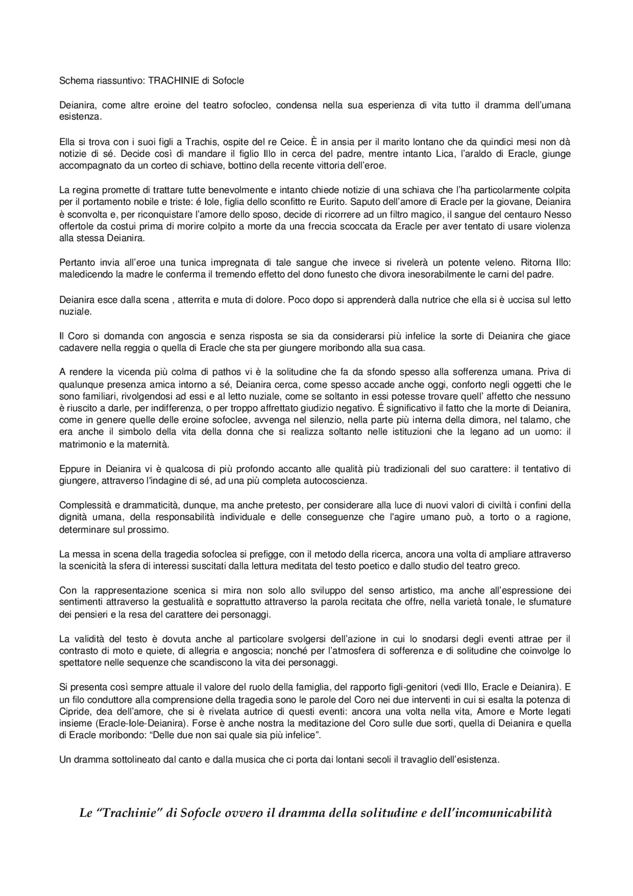 Trachinie - Sofocle - Schema riassuntivo - Letteratura greca - Docsity
