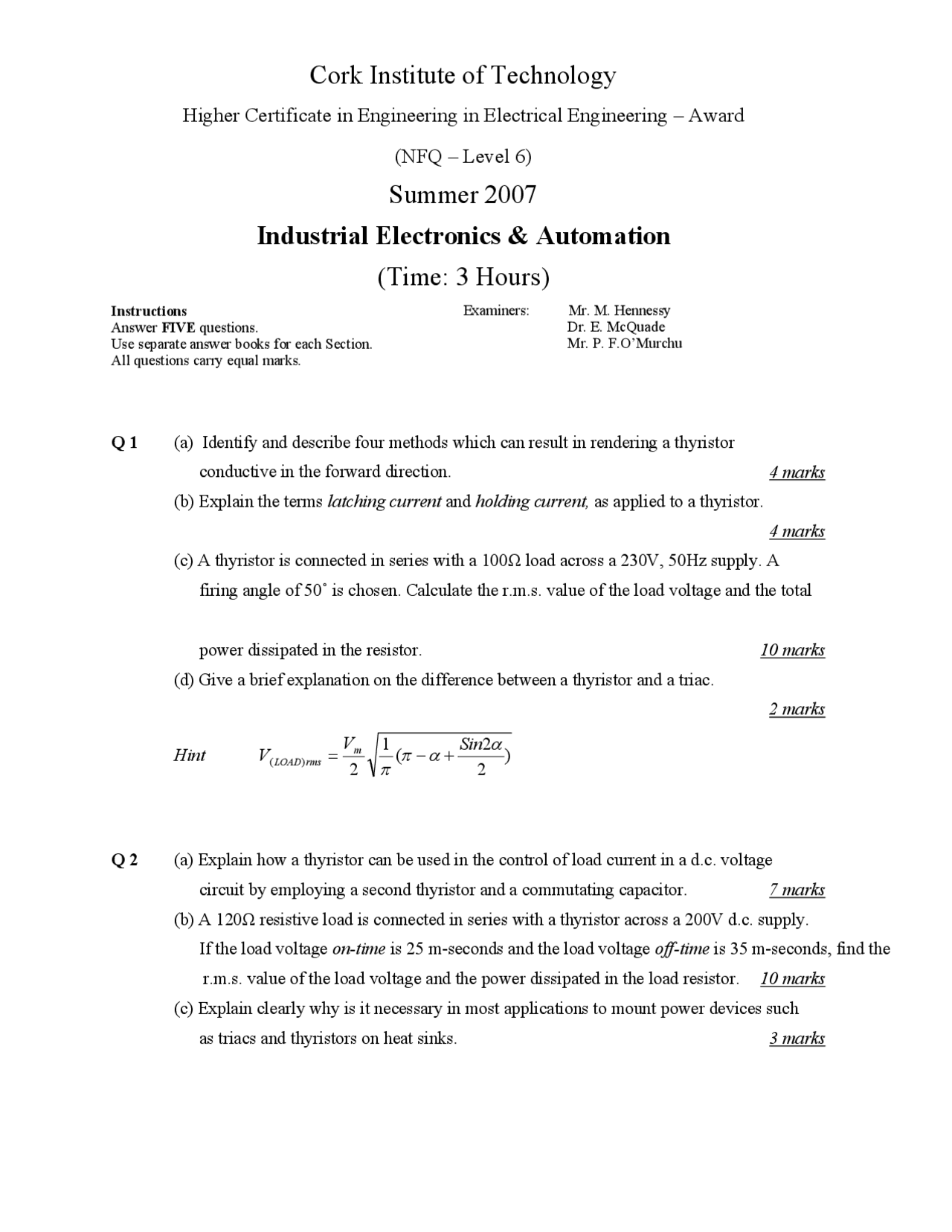 Holding Current - Industrial Electronics and Automation - Past Exam ...