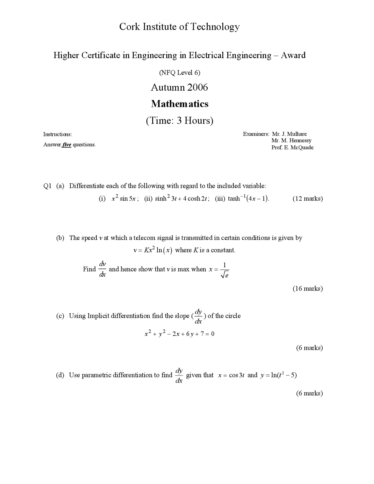 Partial Derivatives Mathematics Past Exam Paper Docsity