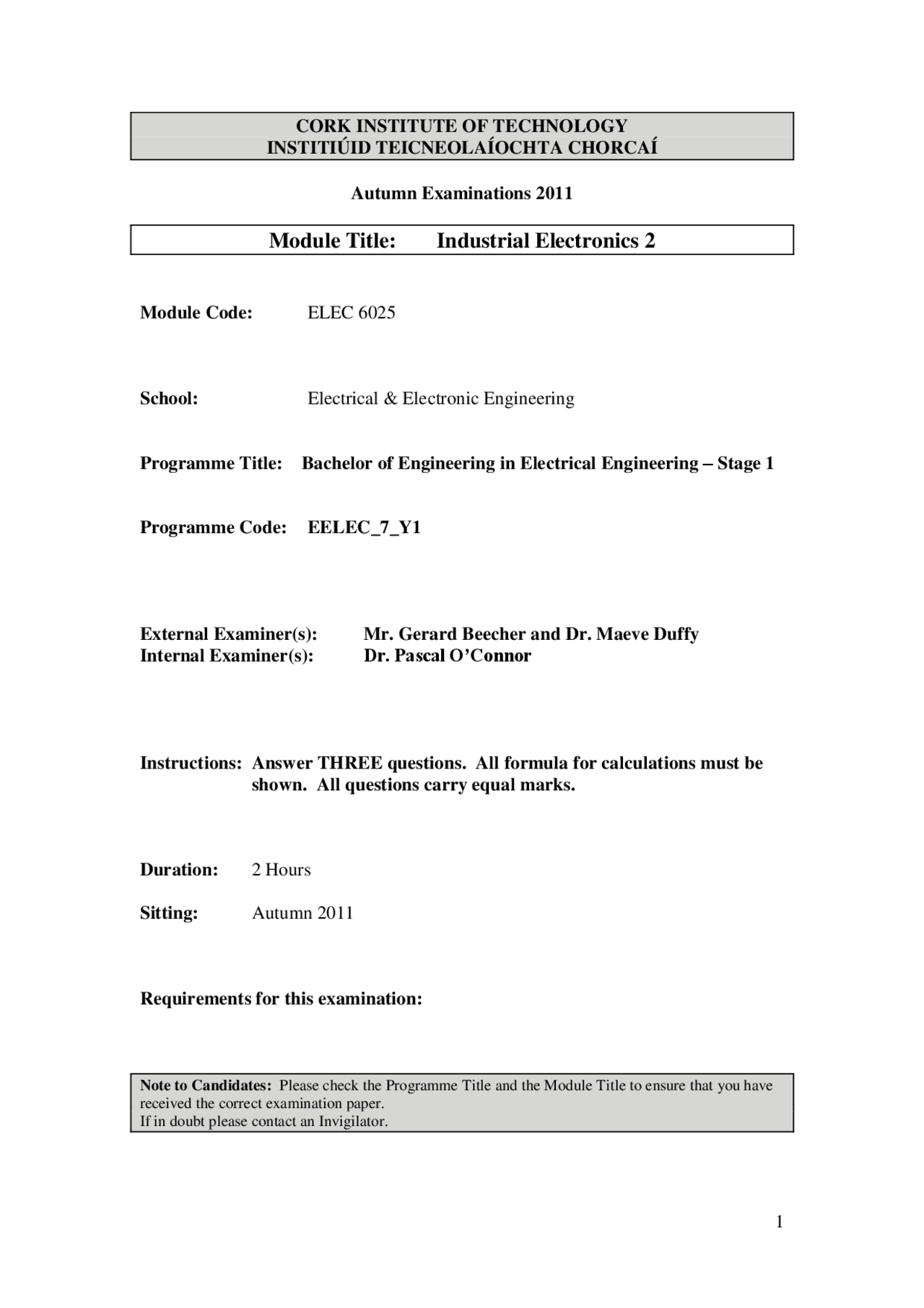 Xor Configuration Industrial Electronics Past Exam Paper Docsity