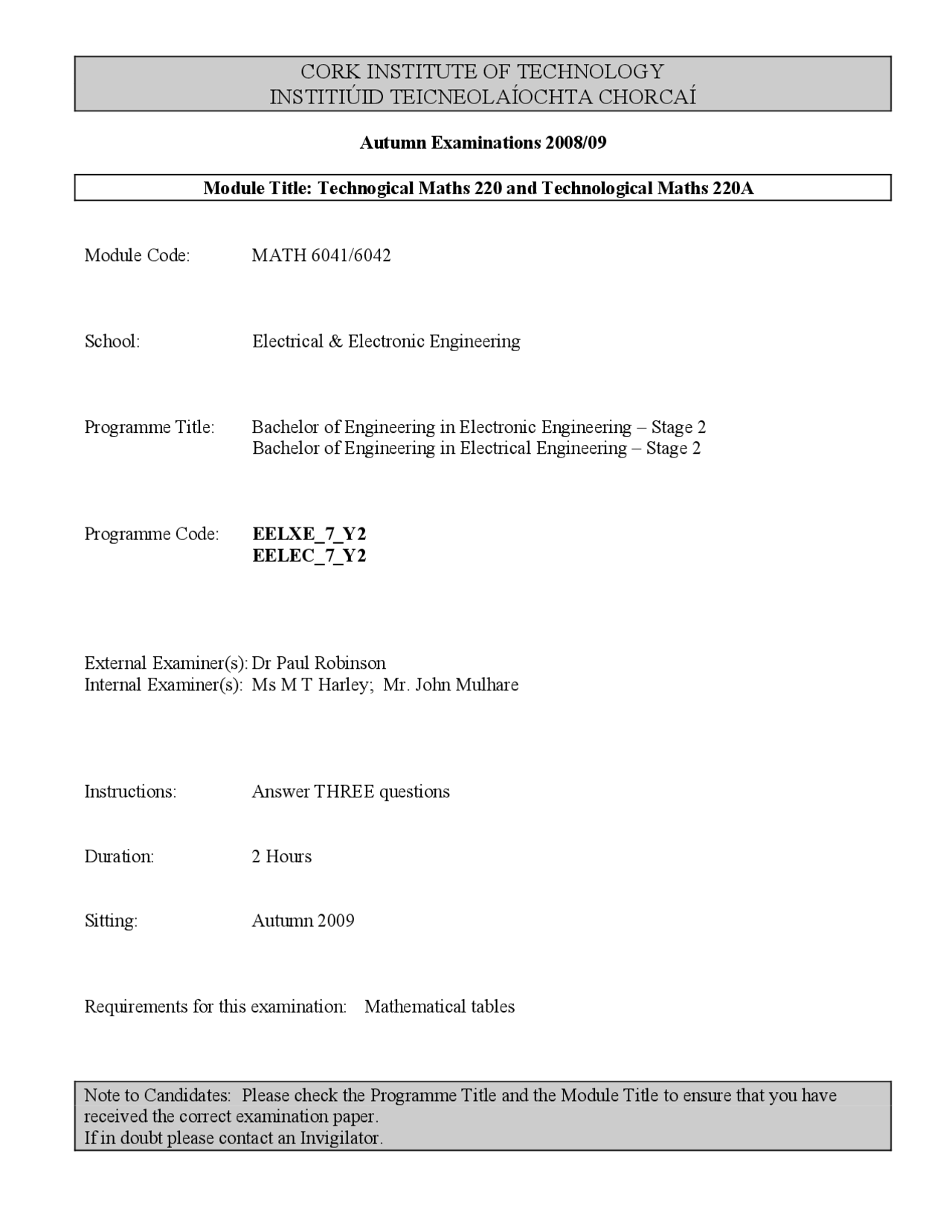 Median Technological Mathematics Past Exam Paper Docsity
