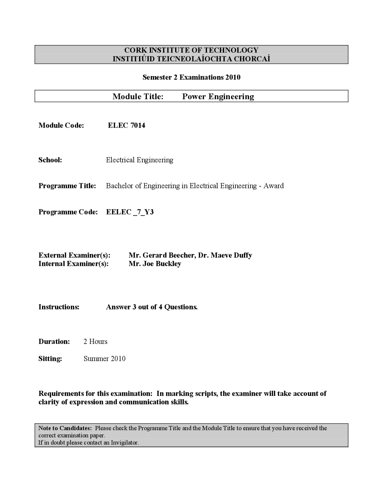 Potential Fault Currents Power Engineering Past Exam Paper Docsity