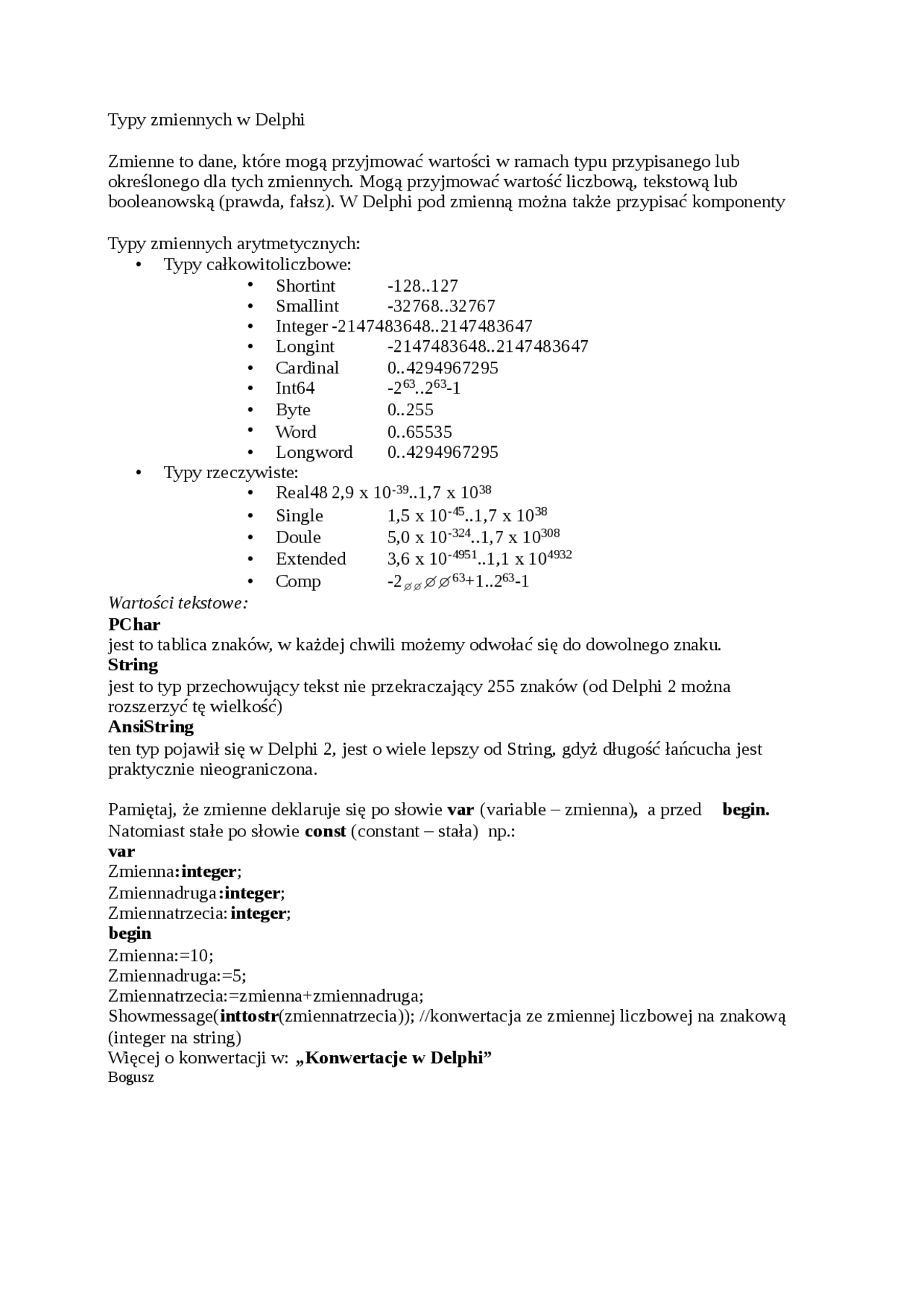 Typy Zmiennych W Delphi Notatki Programowanie Notatki Informatyka