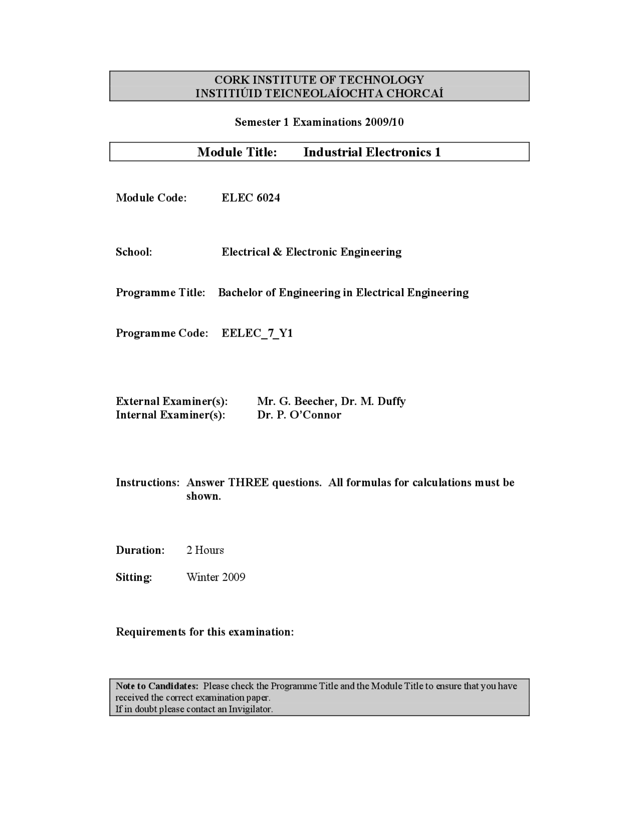 Voltage Drop - Industrial Electronics - Past Exam Paper - Docsity
