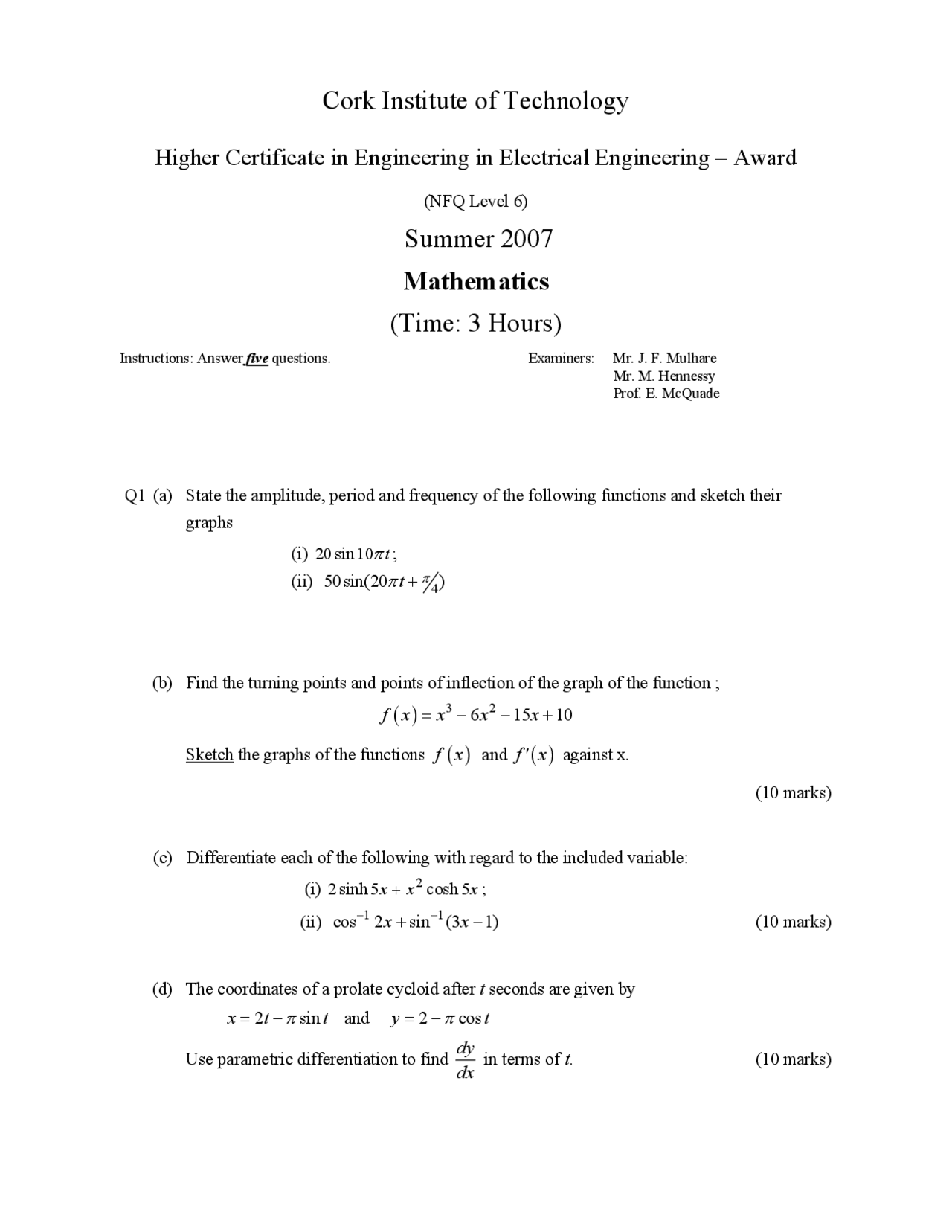 Parametric Differentiation Mathematics Past Exam Paper Docsity