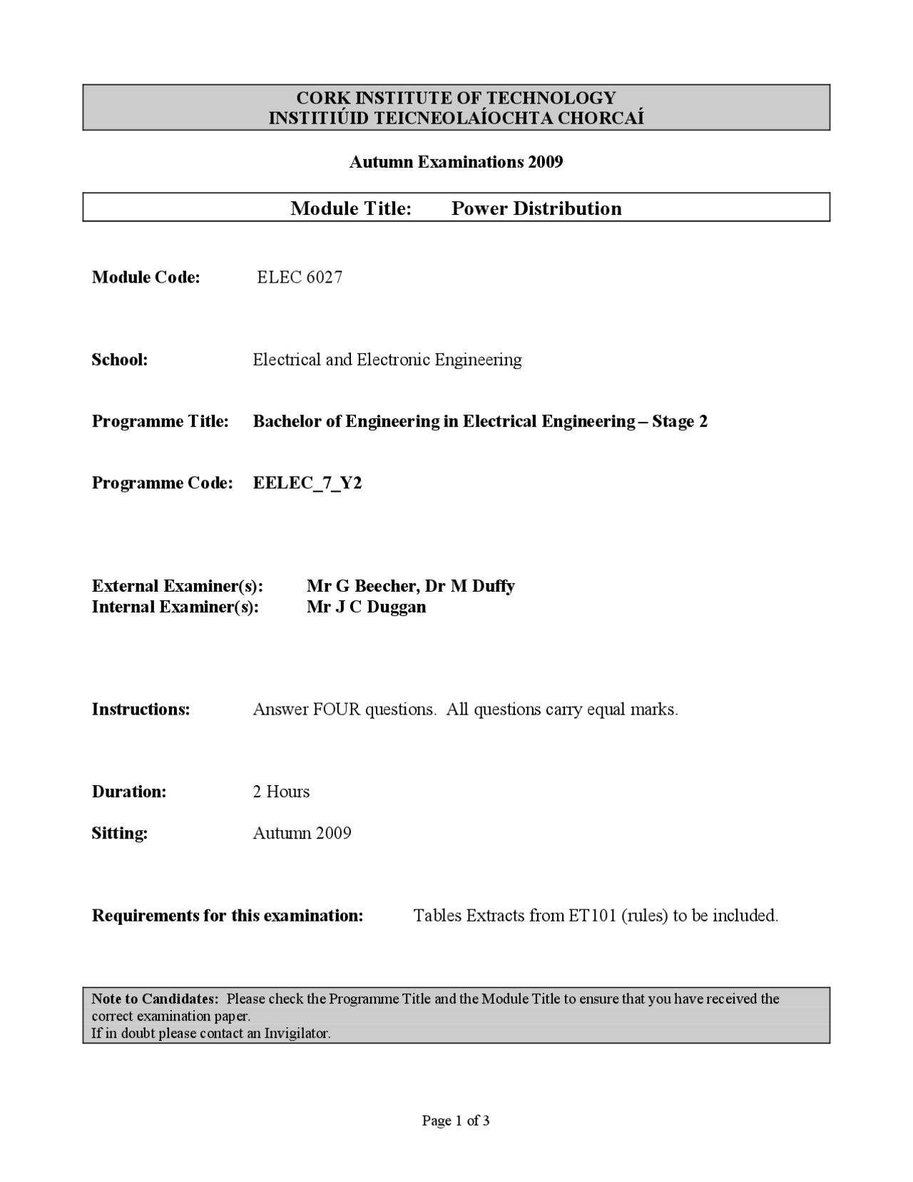 Supply Type - Power Distribution - Past Exam Paper - Docsity