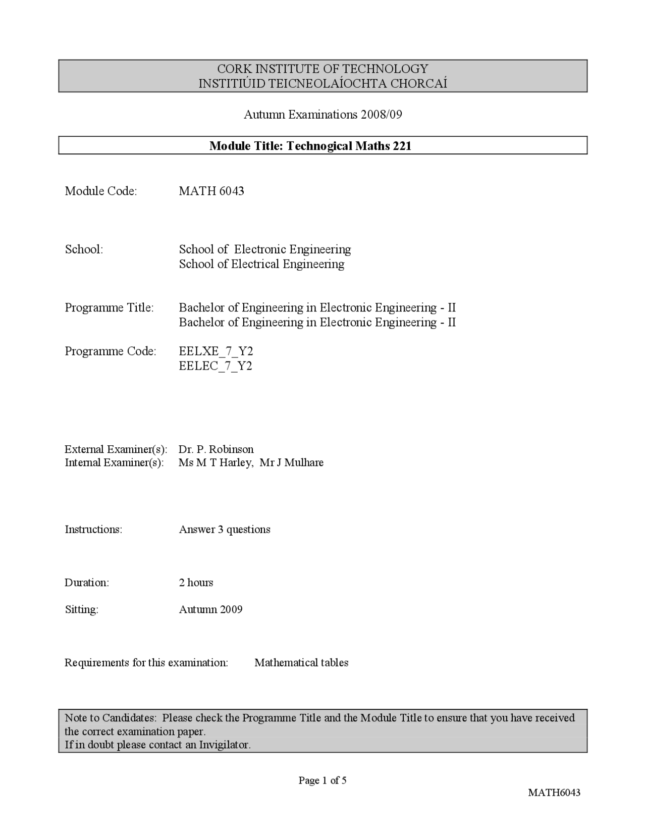 Linear Differential Equation Technological Mathematics Past Exam