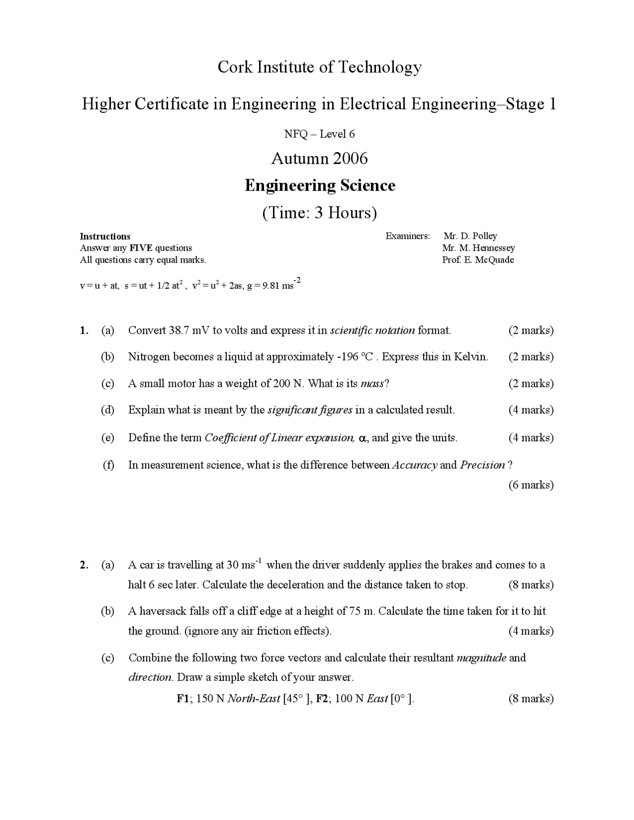 Mass Engineering Science Past Exam Paper Docsity