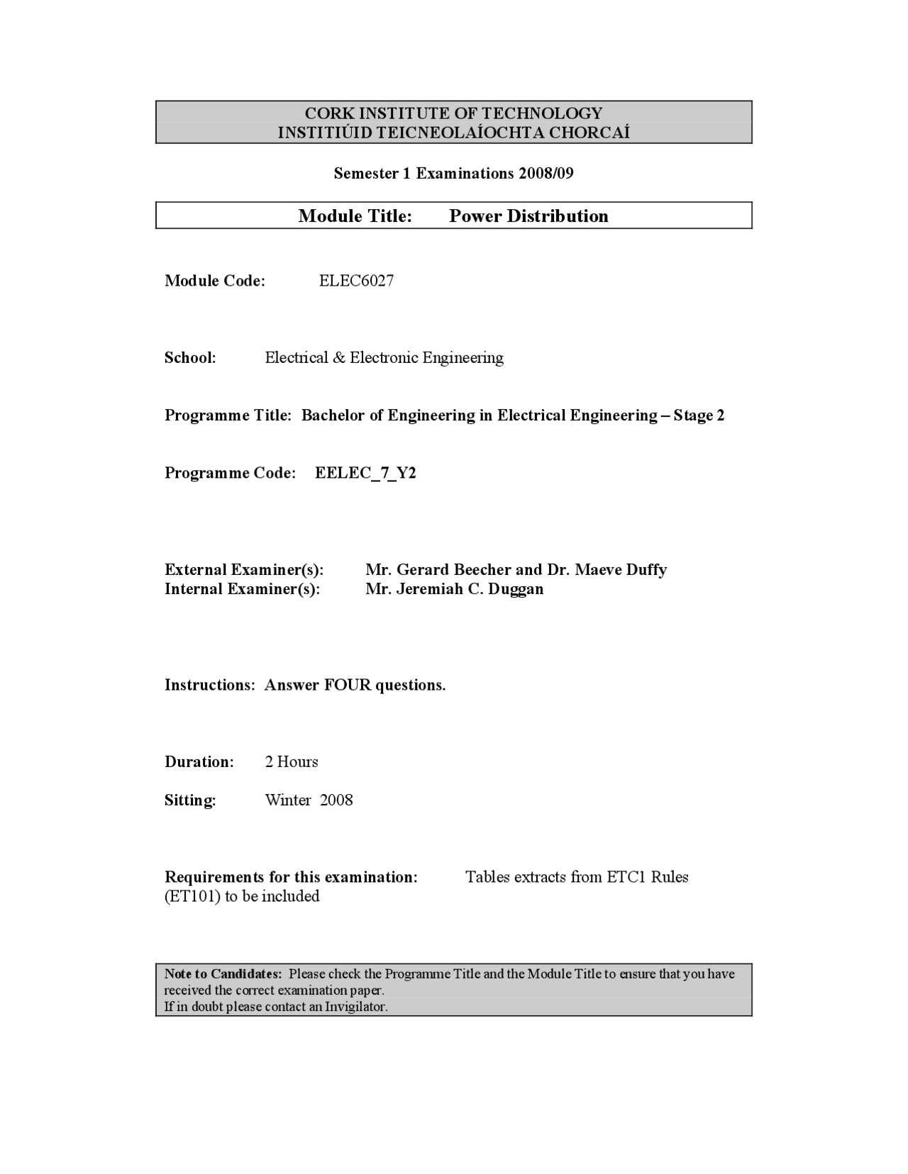 Castelle Type Locks Power Distribution Past Exam Paper Docsity