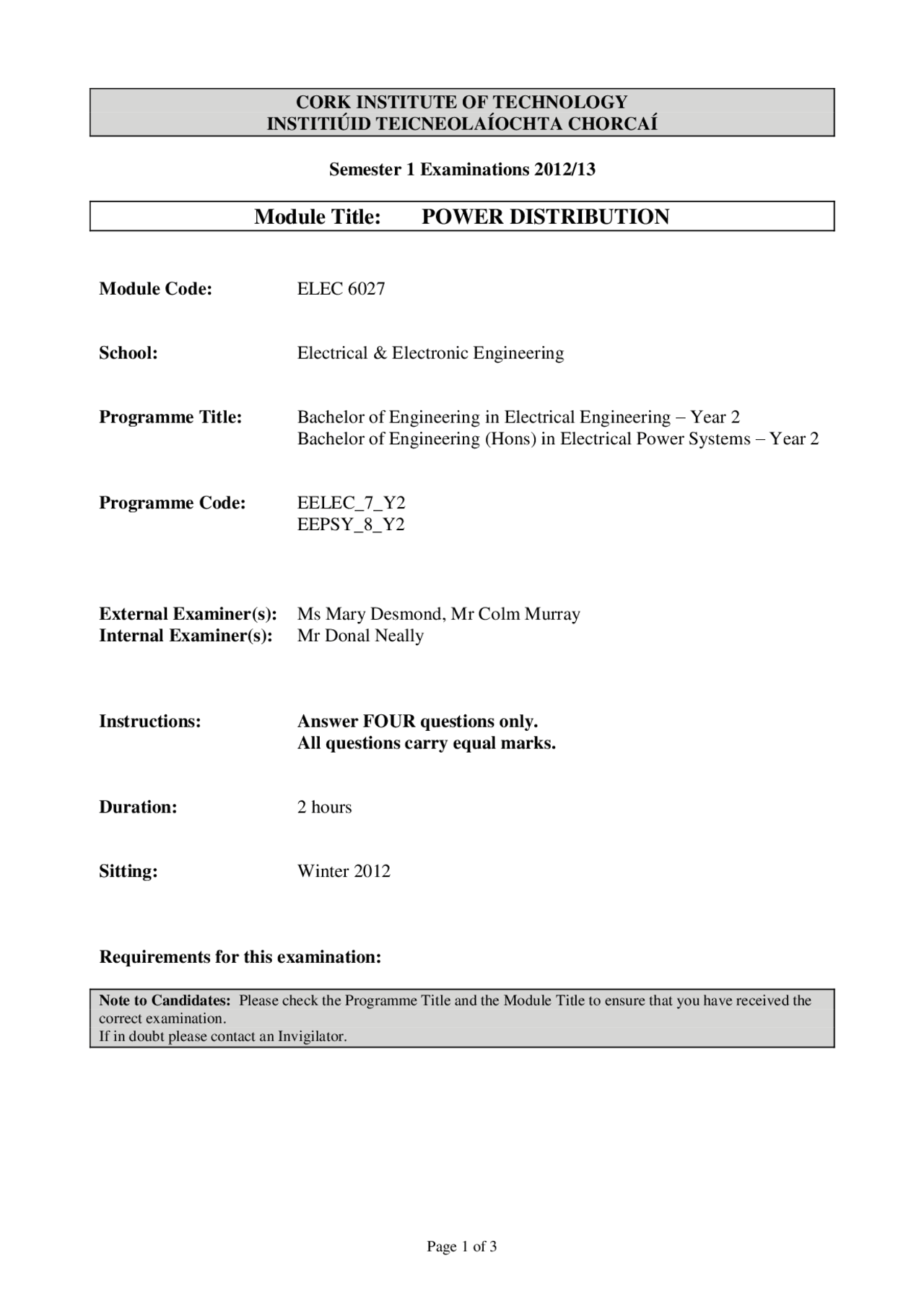 Unity Power Factor Power Distribution Past Exam Paper Docsity