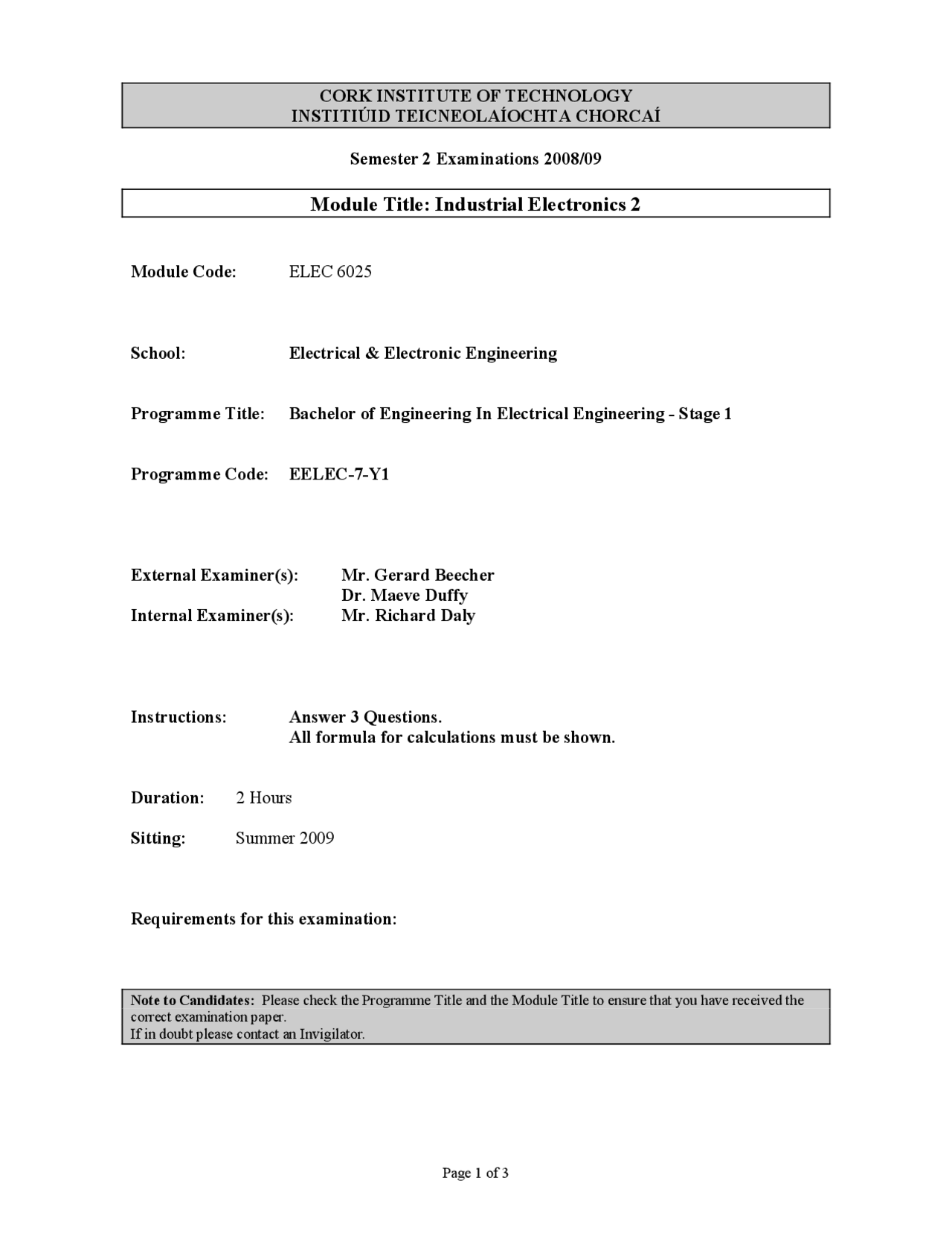 Drop Out Voltage Industrial Electronics Past Exam Paper Docsity