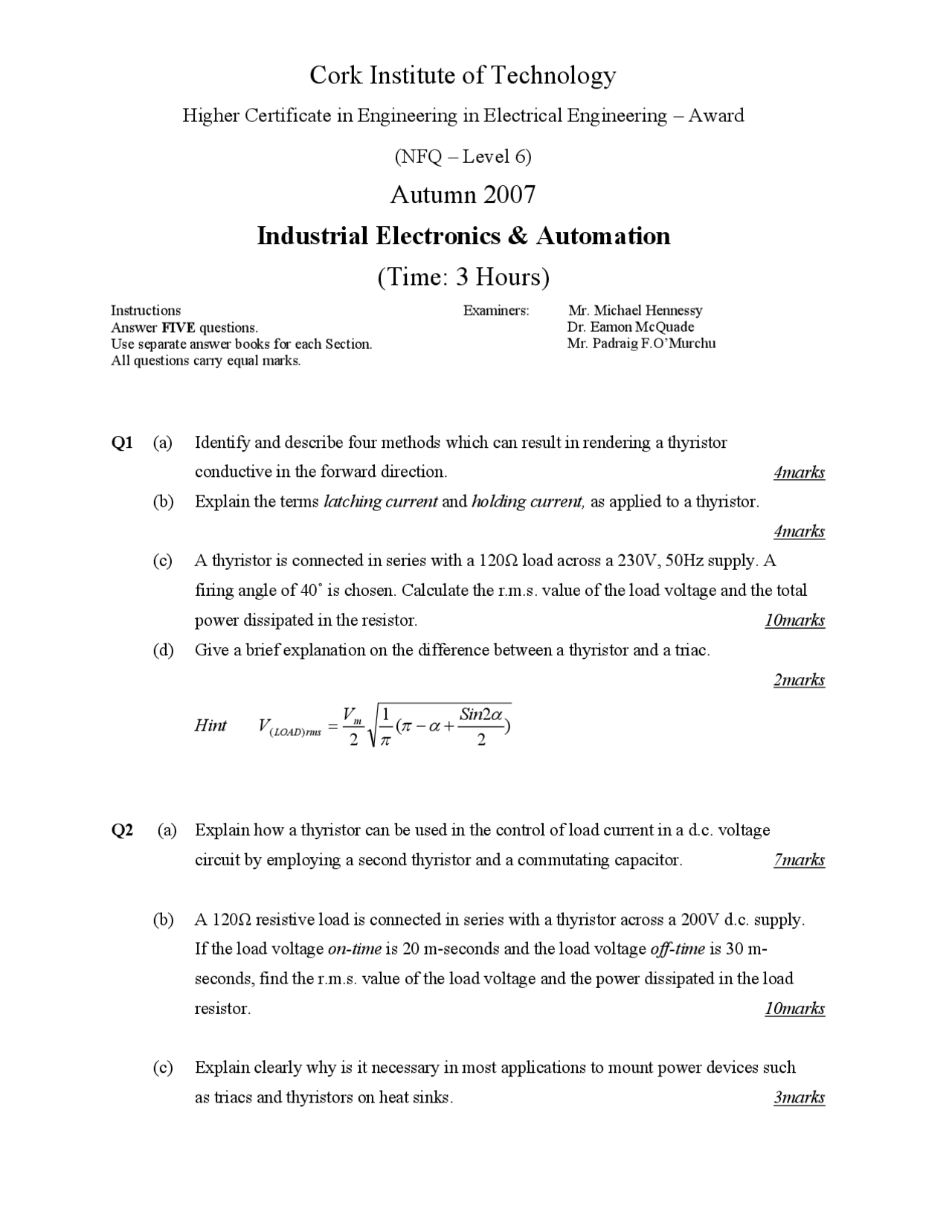 Triac - Industrial Electronics and Automation - Past Exam Paper - Docsity