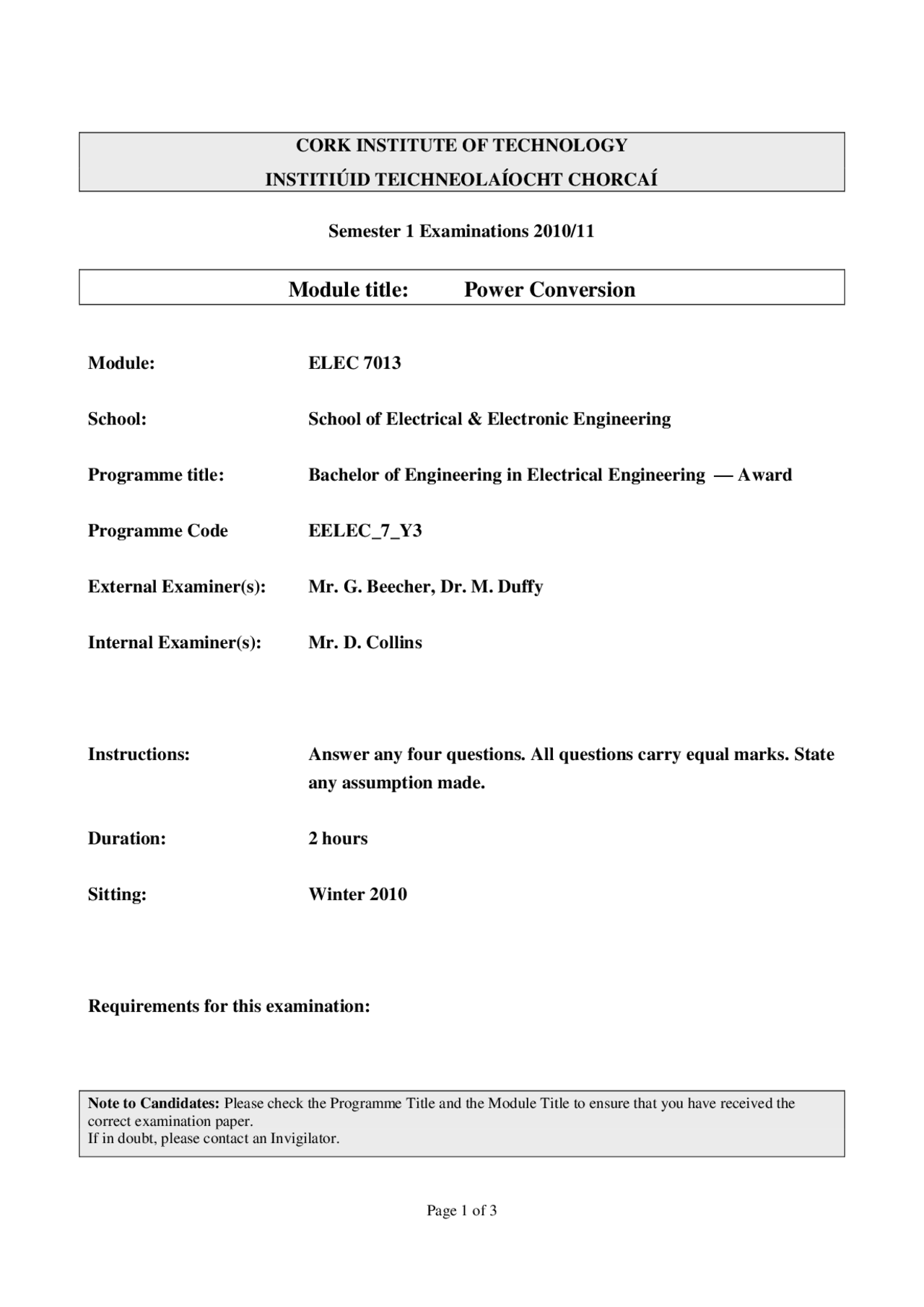 Exam Paper: Power Conversion (ELEC 7013) for B.Eng in Electrical ...