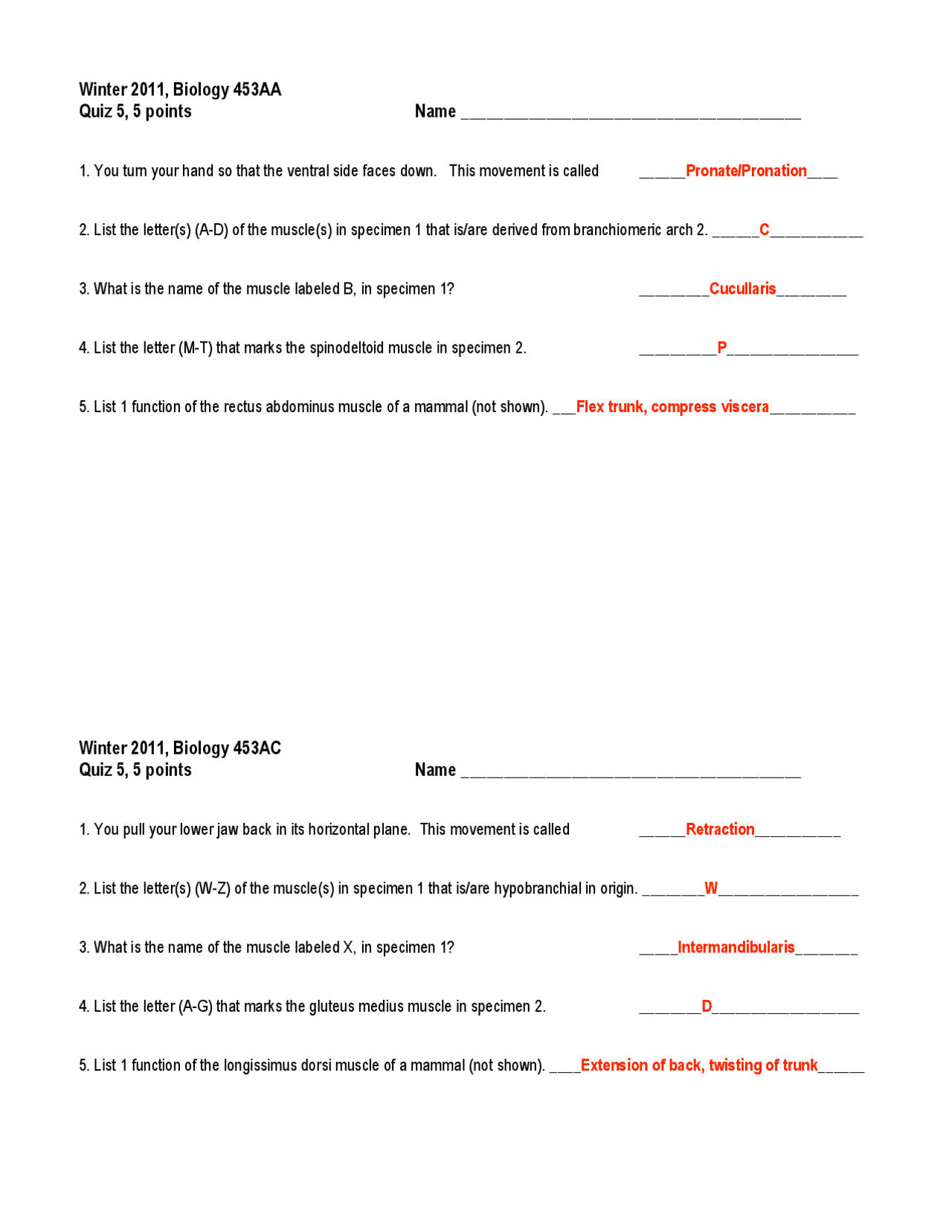 Pronation Comparative Vertebrate Anatomy Quiz Docsity