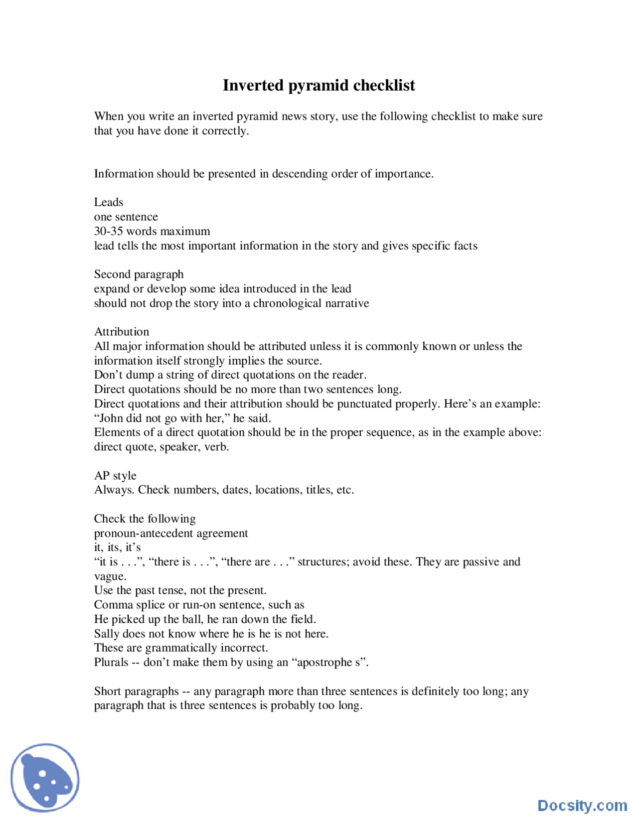 Inverted pyramid checklist-Internetsko novinarstvo-Skripta-Zurnalistika ...
