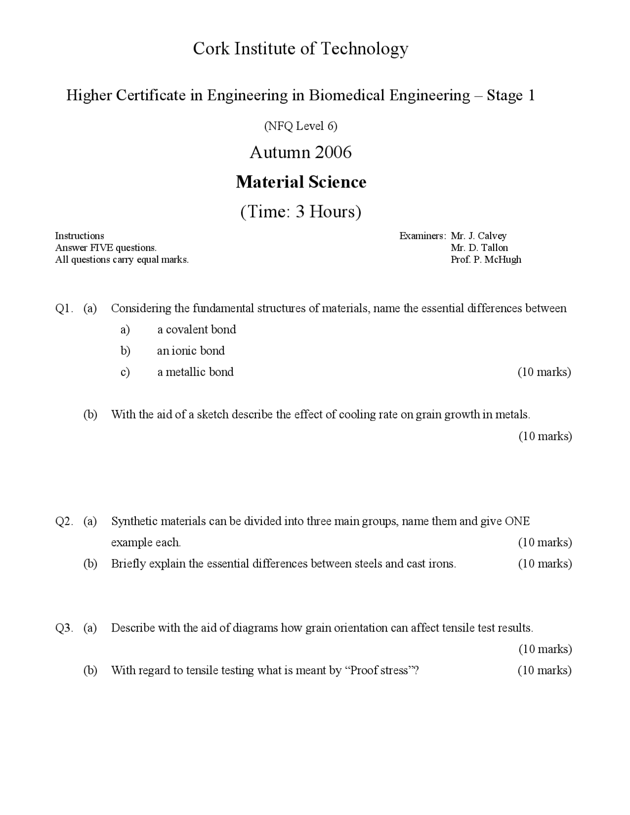 Metal Component Material Science Exam Docsity
