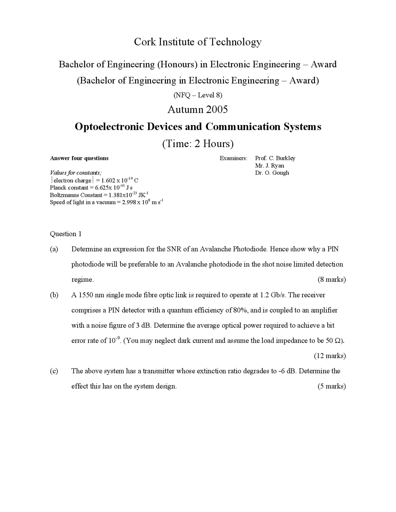 Optical Amplifier - Optoelectronic Devices and Communication Systems - Exam - Docsity