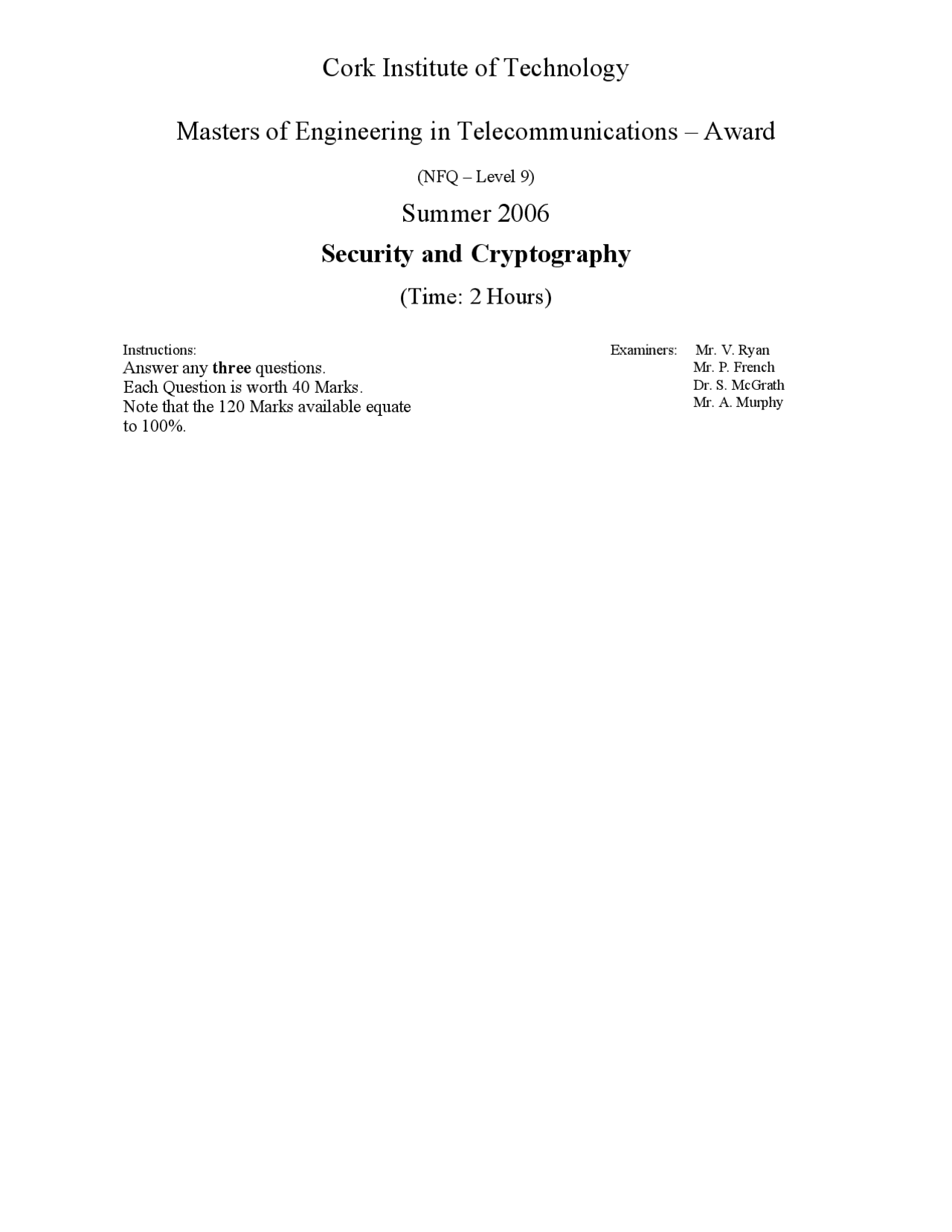 Rsa Cipher Security And Cryptography Exam Exams Cryptography And System Security Docsity