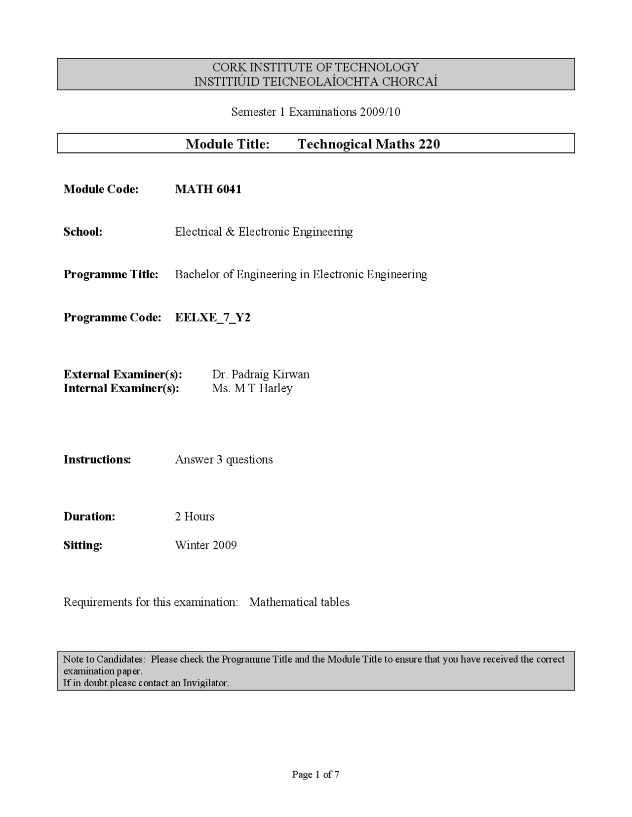 Random Sample Technological Mathematics Exam Docsity