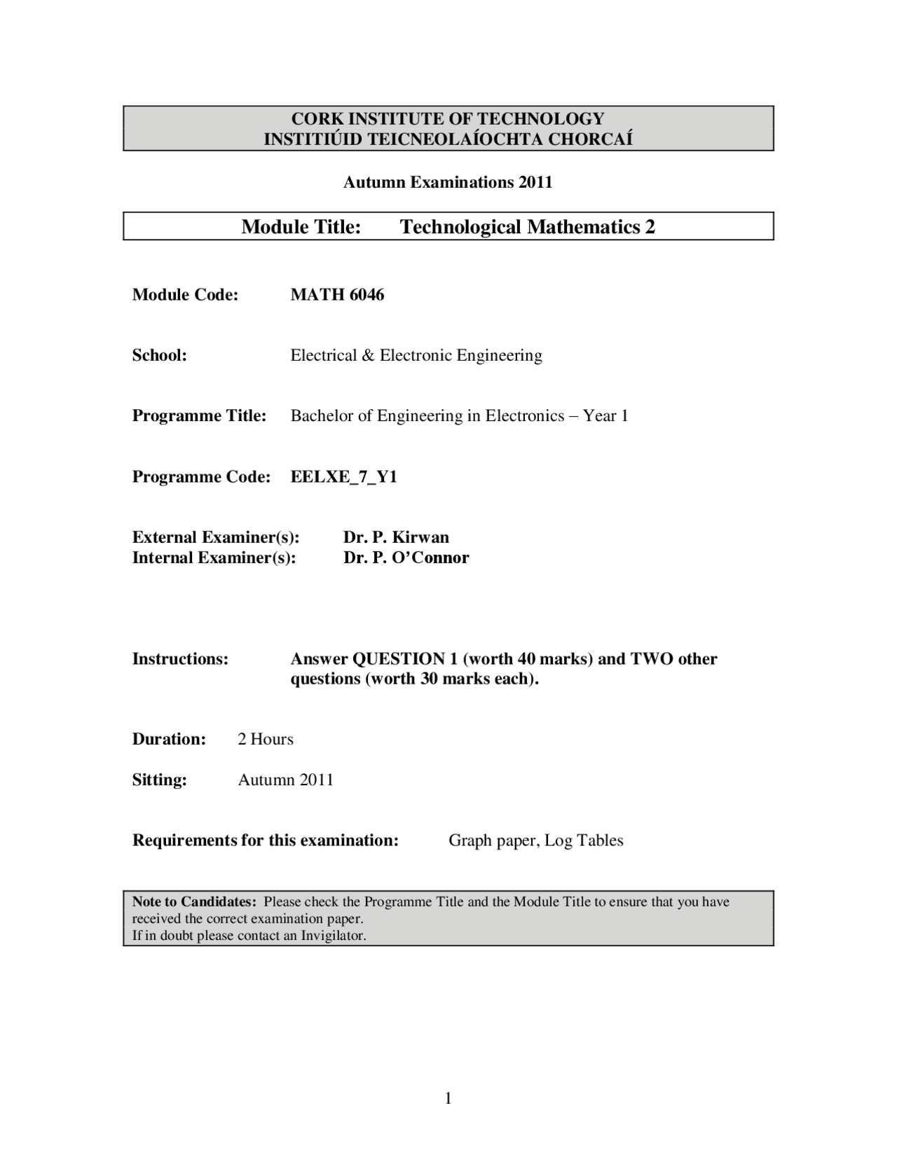 Integral Technological Mathematics Exam Docsity
