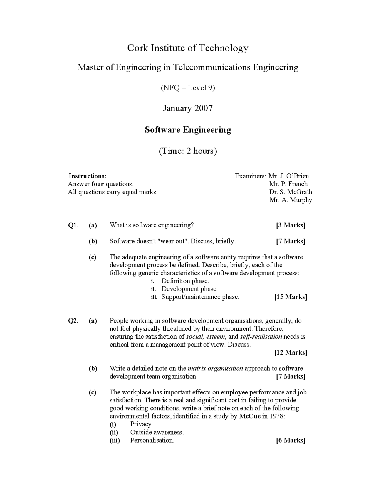 Matrix Organisation Software Engineering Exam Exams Software