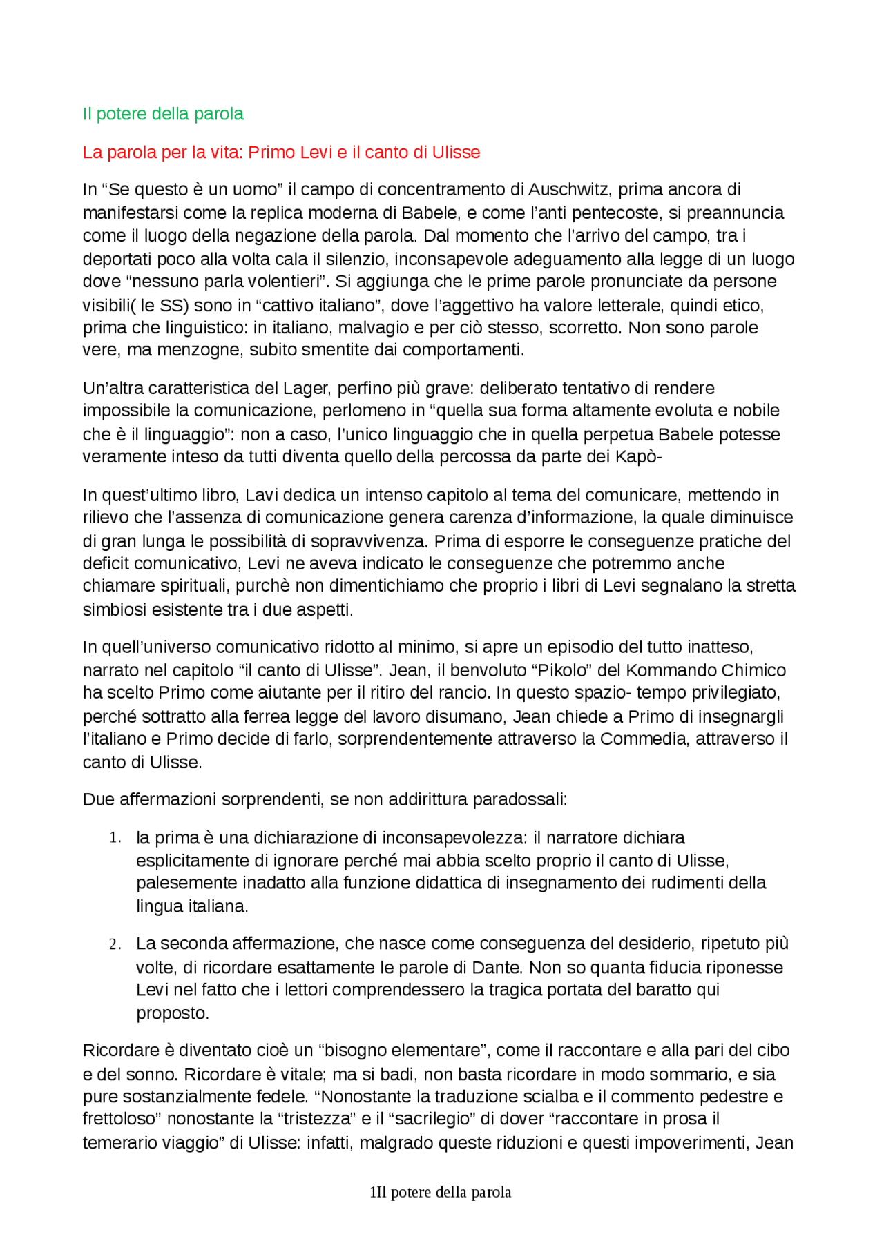 Il potere della parola - Appunti - Letteratura italiana - Docsity