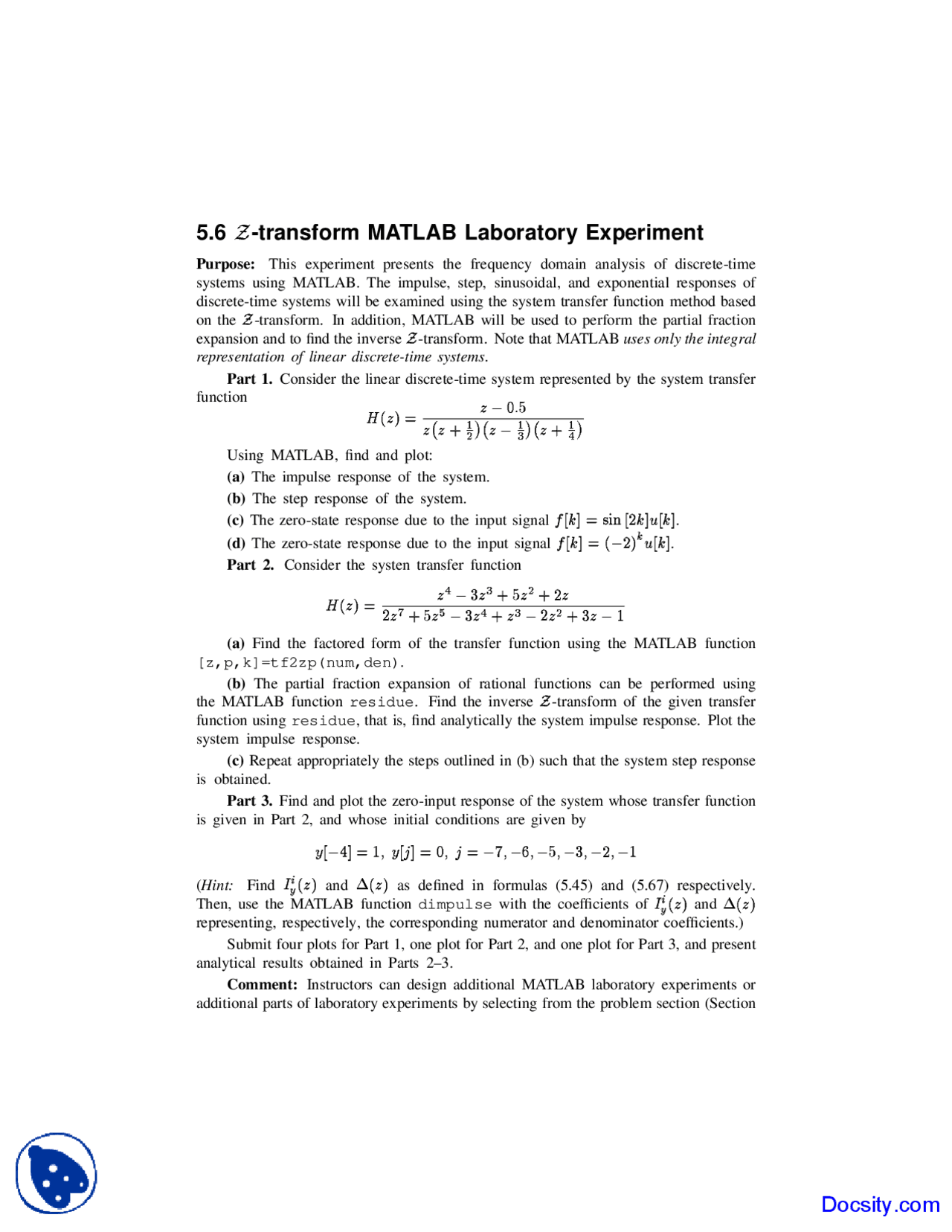 Z Transform Matlab Linear Dynamic Systems And Signals Lab Handout