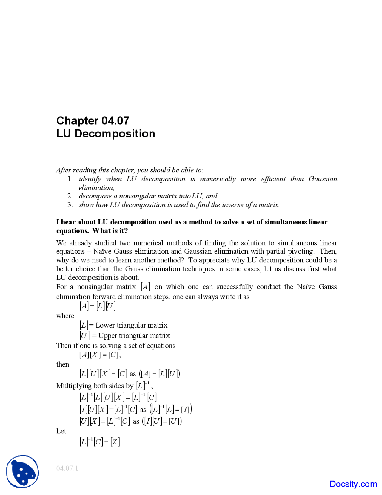 Lu Decomposition Numerical Analysis Solved Exam Docsity