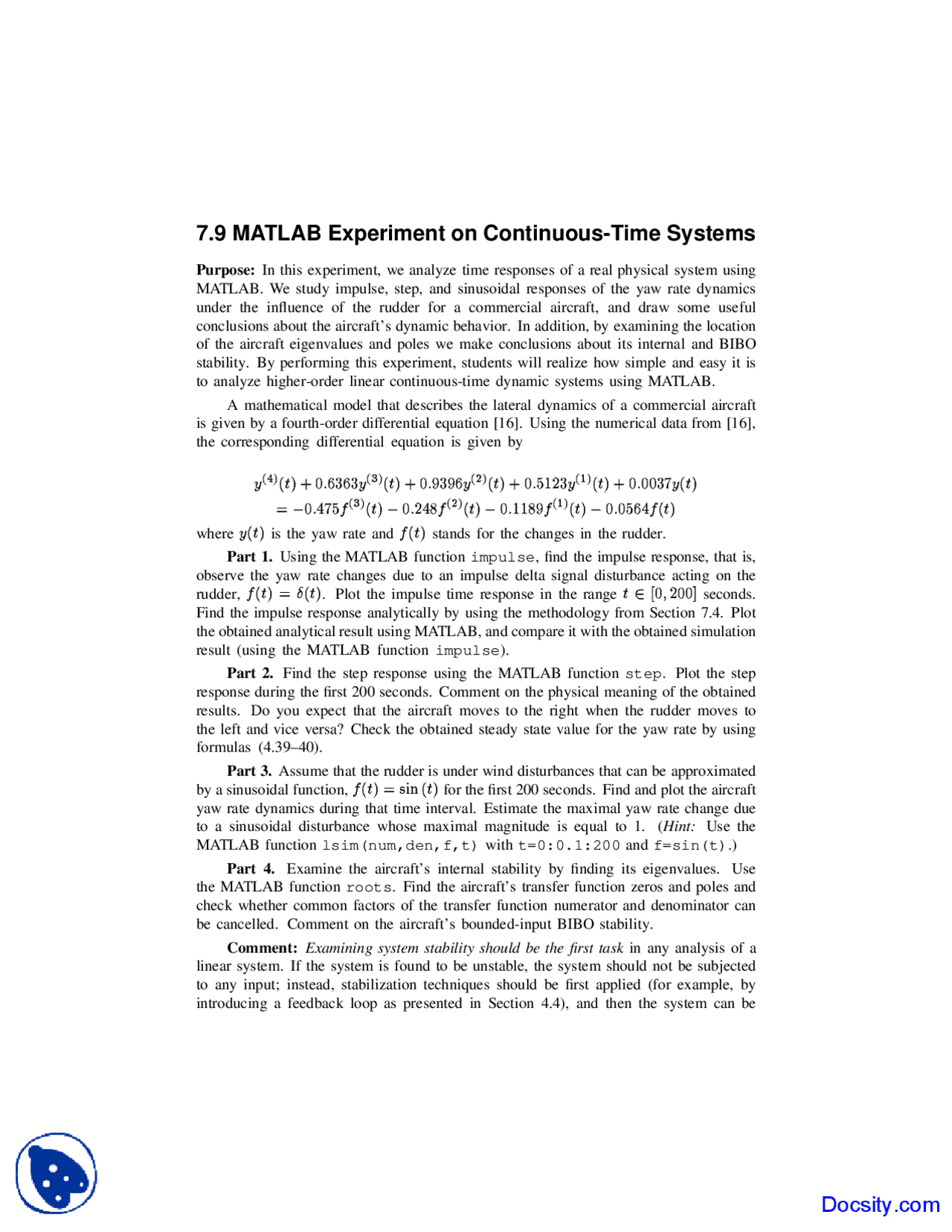 Step Response Linear Dynamic Systems And Signals Lab Handout Docsity