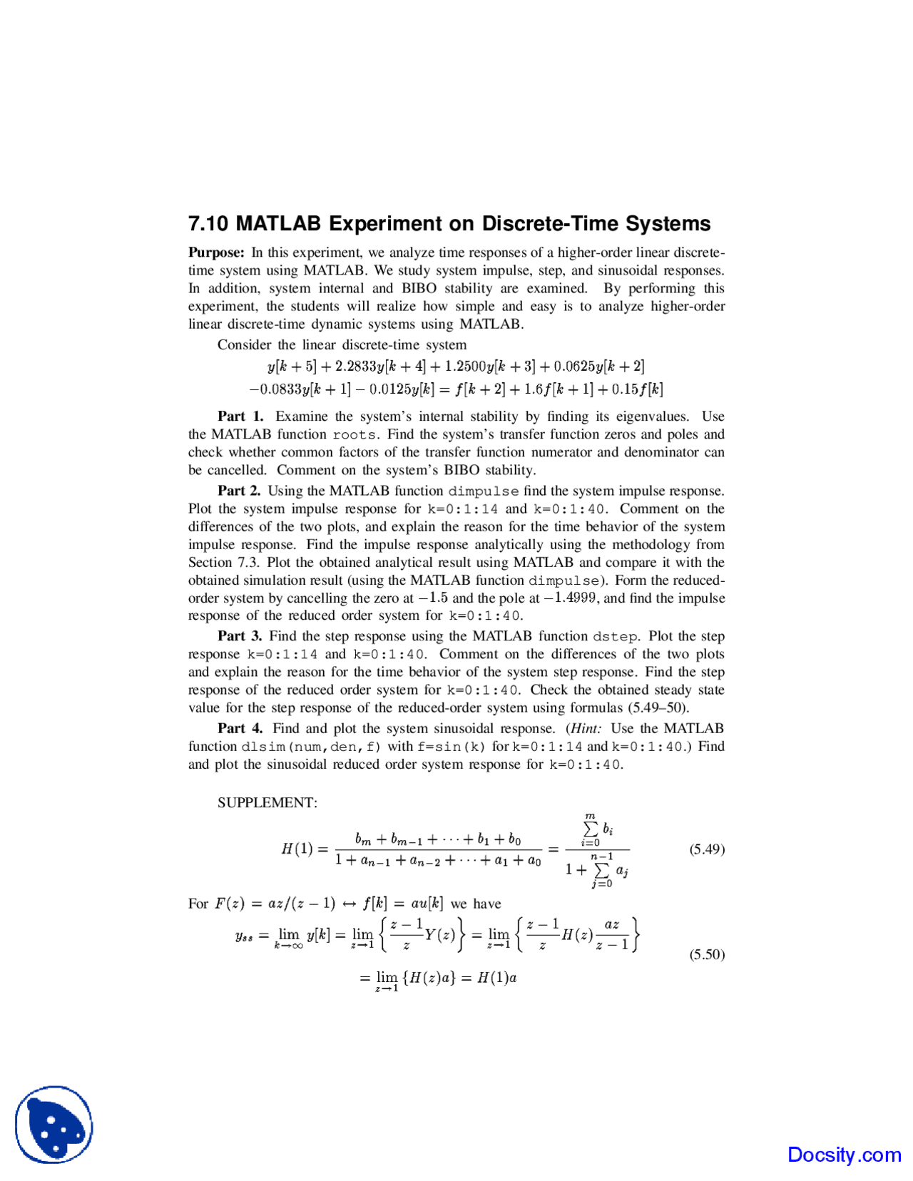 Discrete Time Systems Linear Dynamic Systems And Signals Lab Handout Docsity
