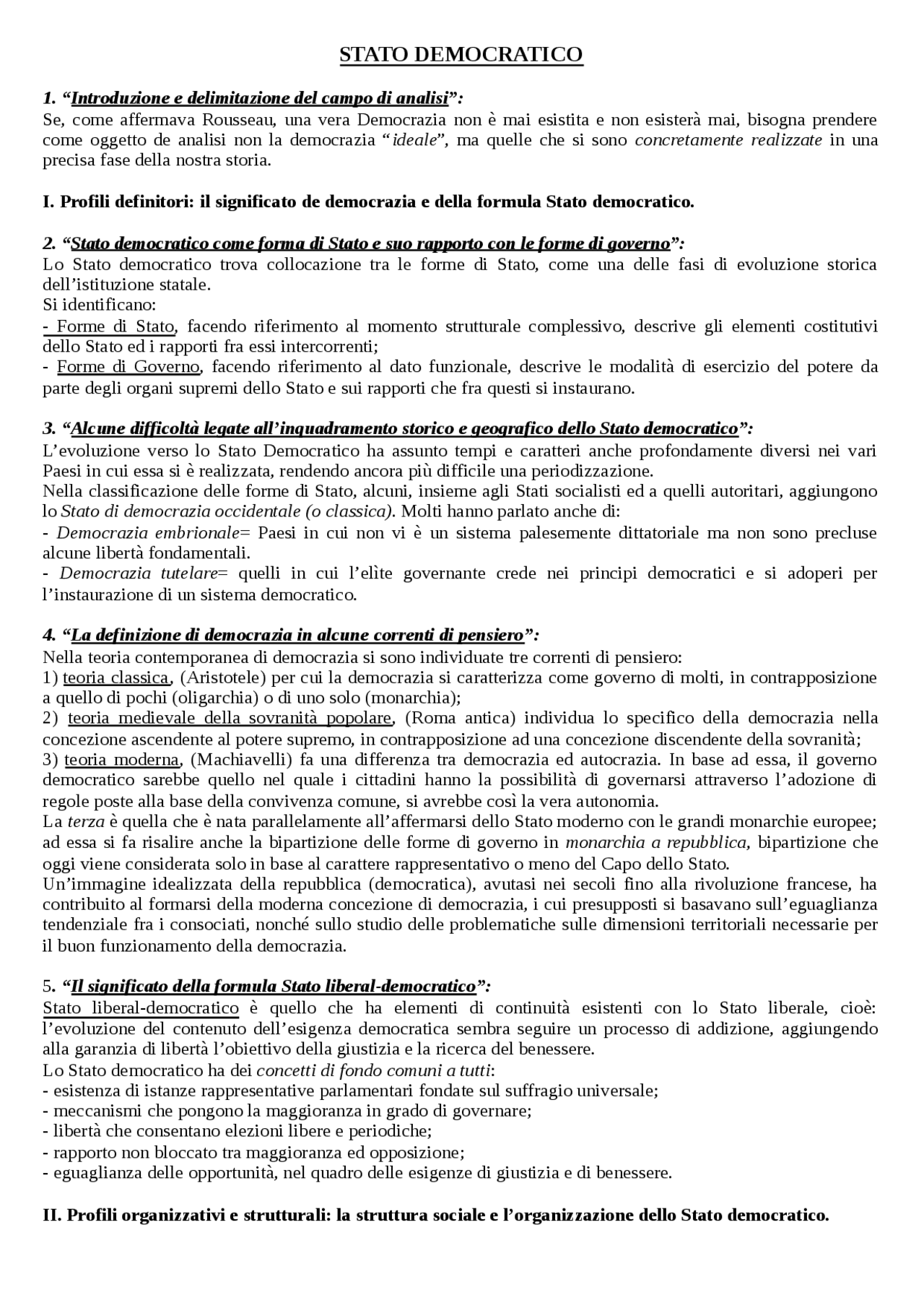 Stato democratico - Riassunto - Diritto democratico - Docsity