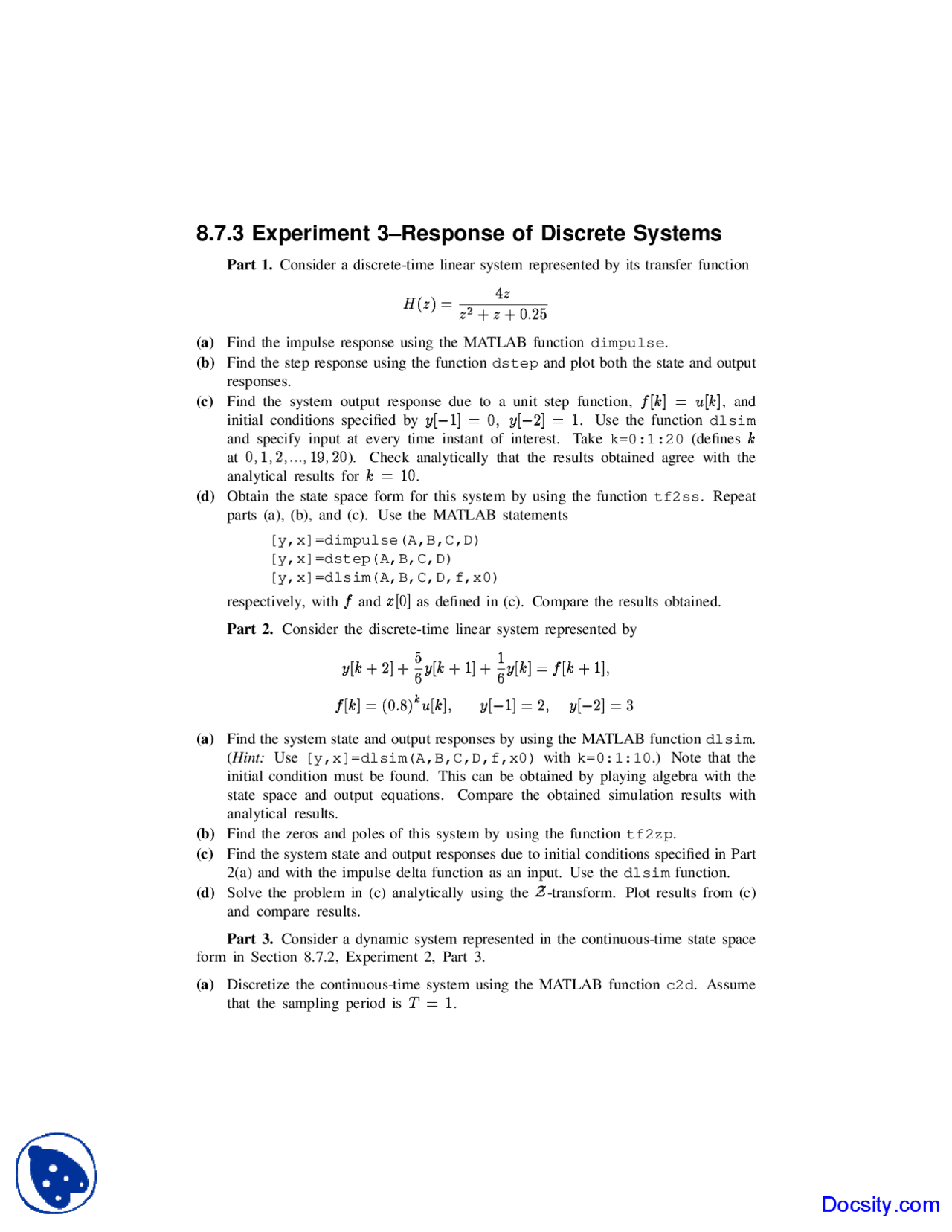 Response Of Discrete Systems Linear Dynamic Systems And Signals Lab