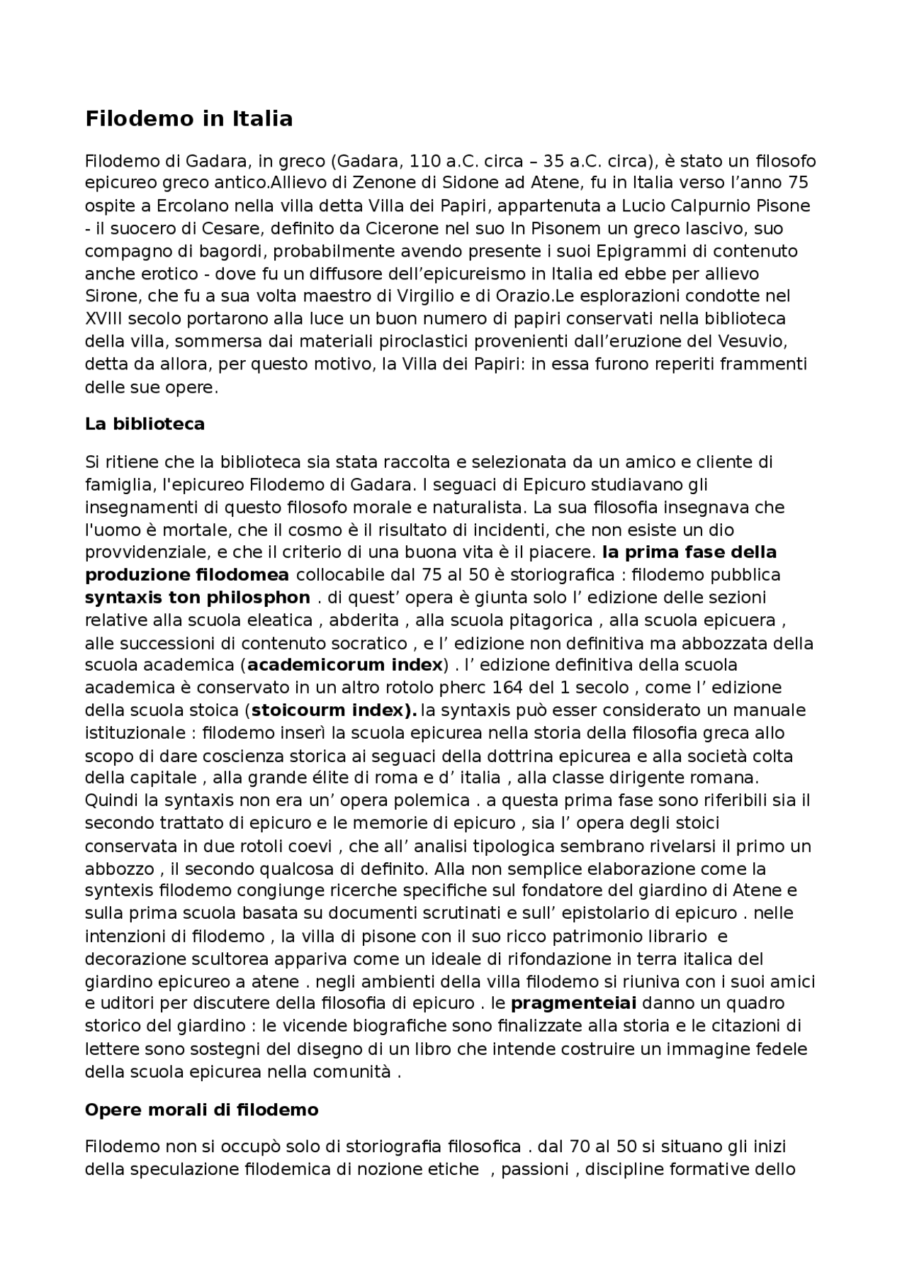 Filodemo in Italia . - Appunti - Papirologia - Docsity