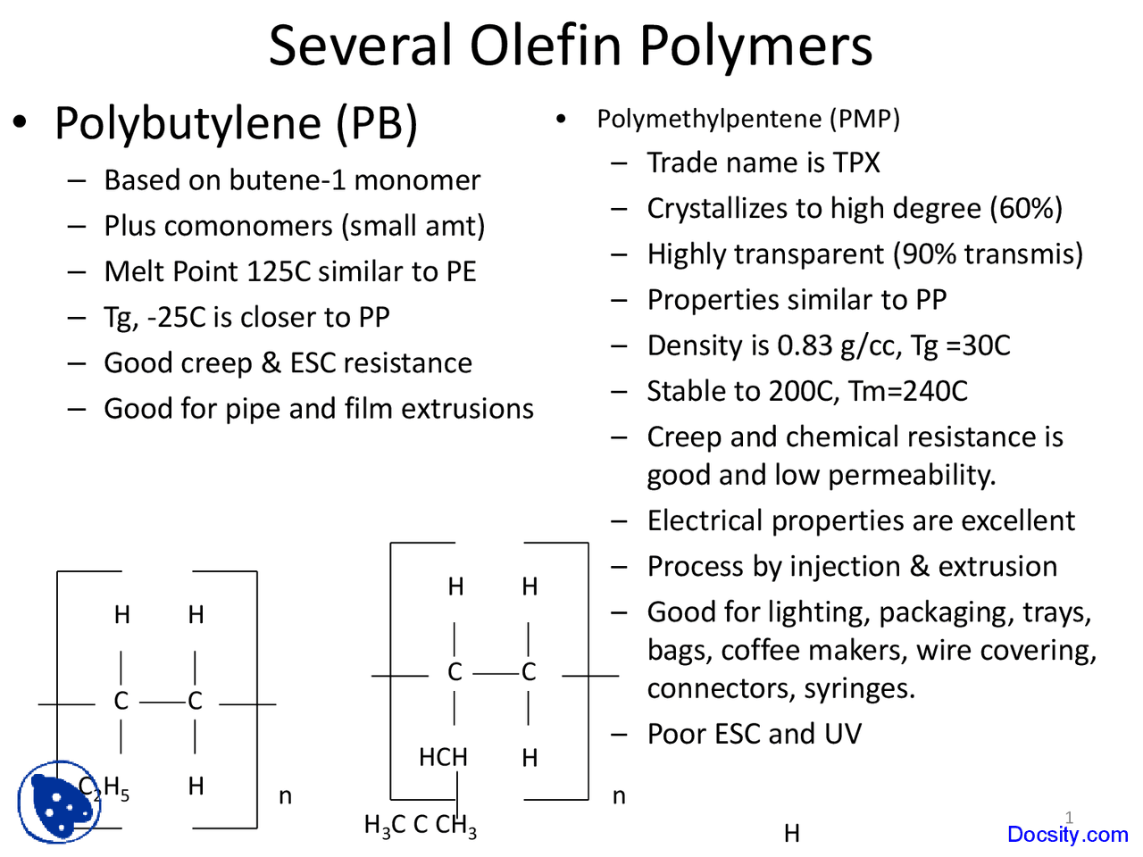 Several Olefin Polymers Polymer Materials Lecture Slides Docsity