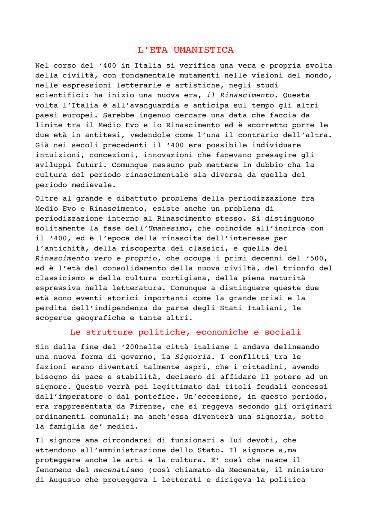 Umanesimo Riassunto Per Il Liceo Classico Docsity