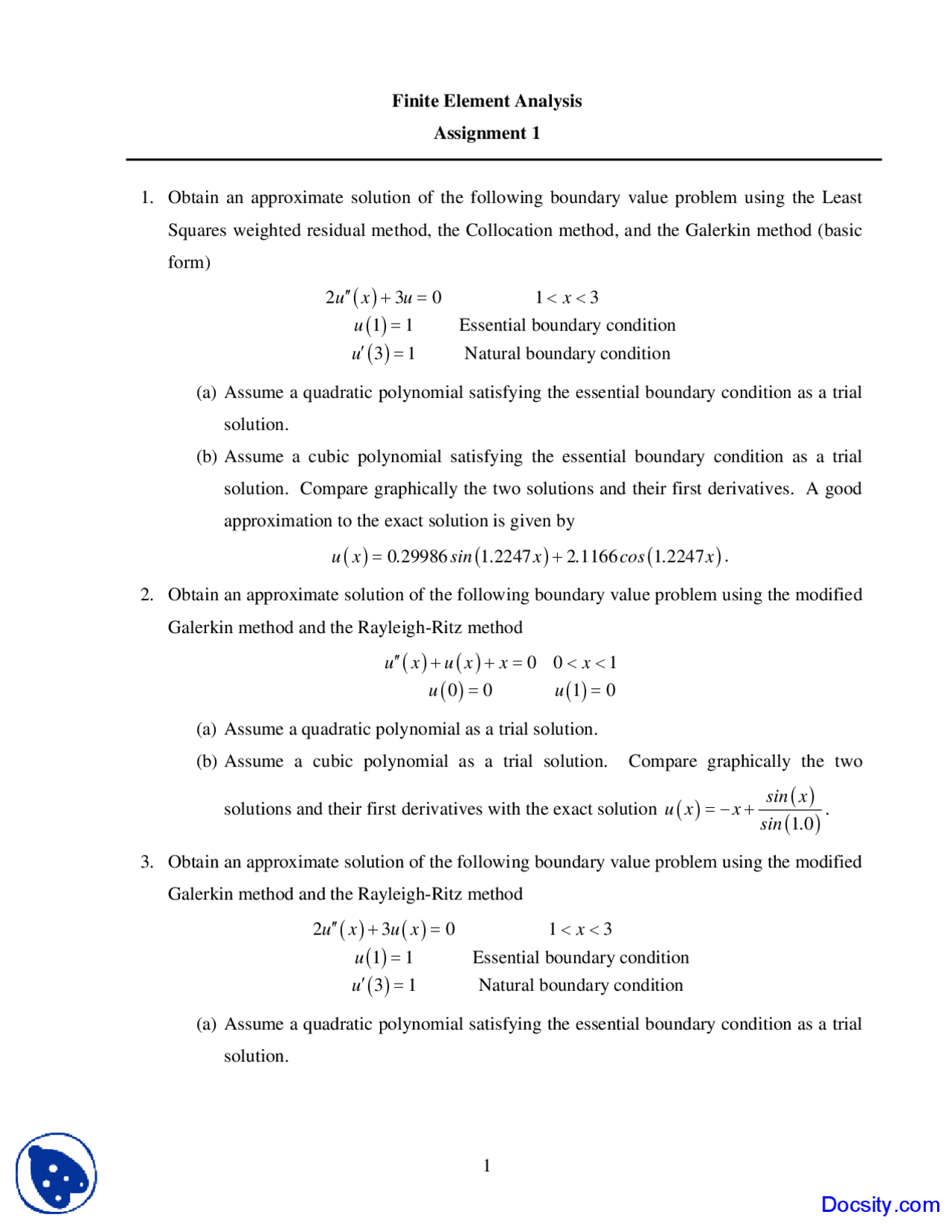 Boundary Value Problem Finite Element Analysis Assignment Docsity
