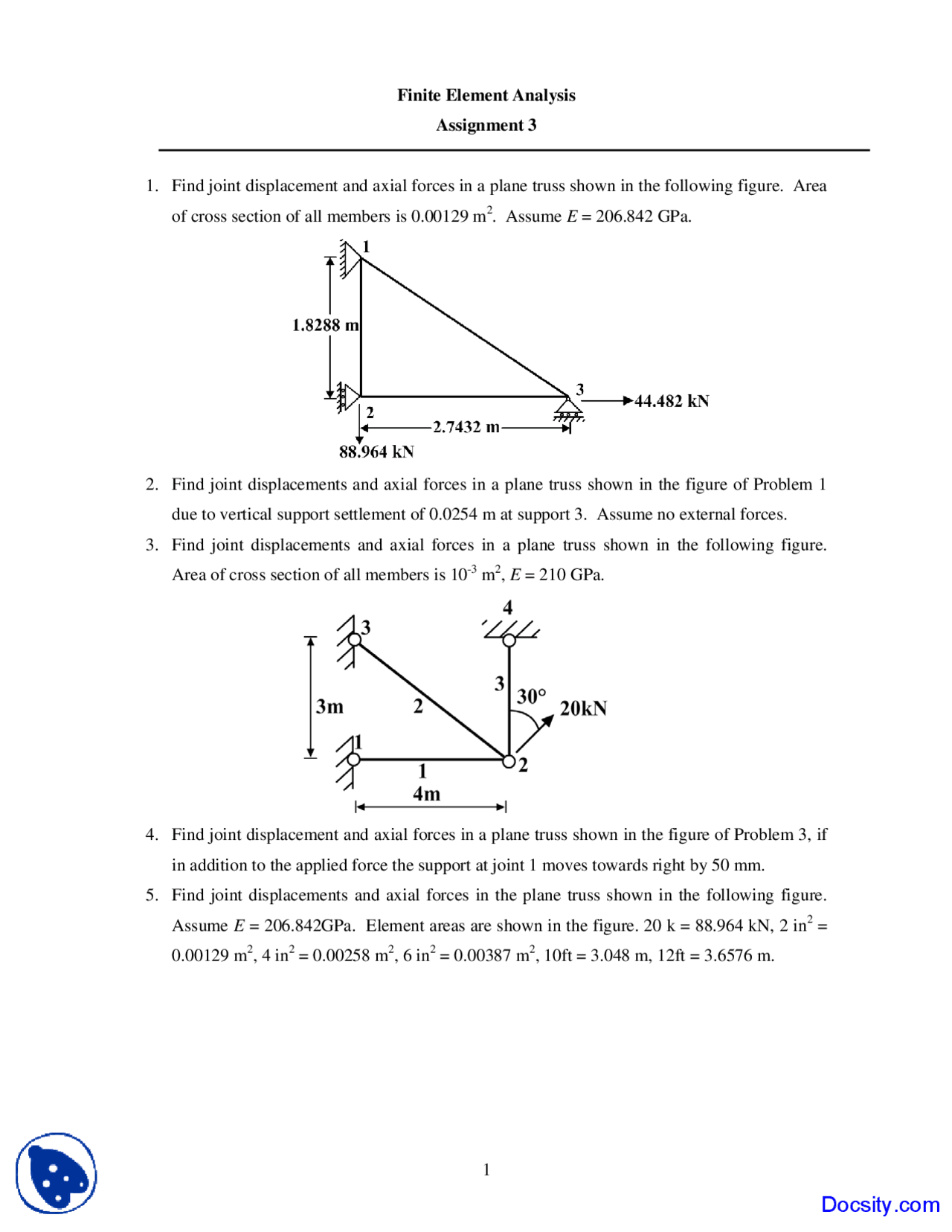 Joint Displacement Finite Element Analysis Assignment Docsity