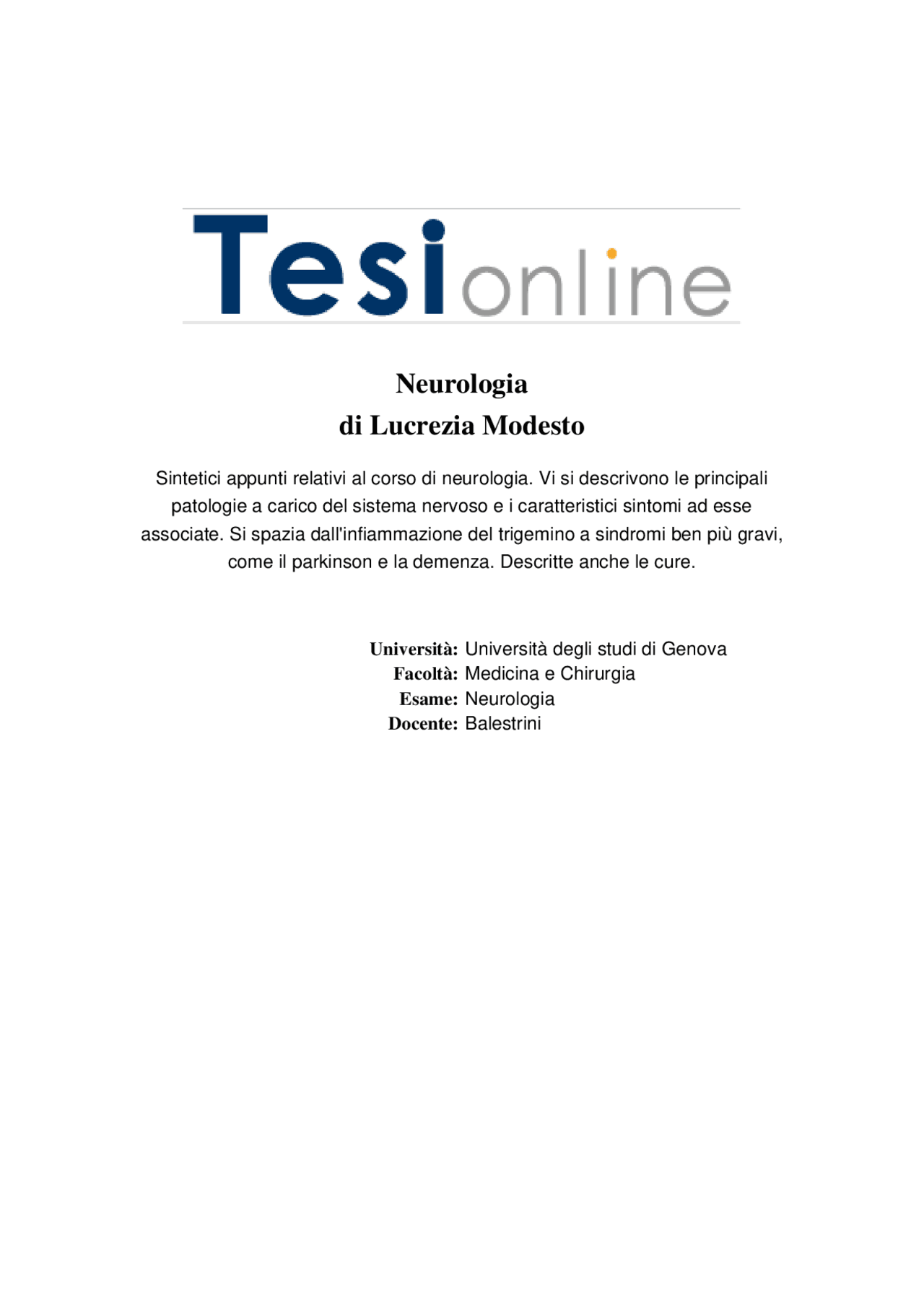 Neurologia Riassunto Docsity