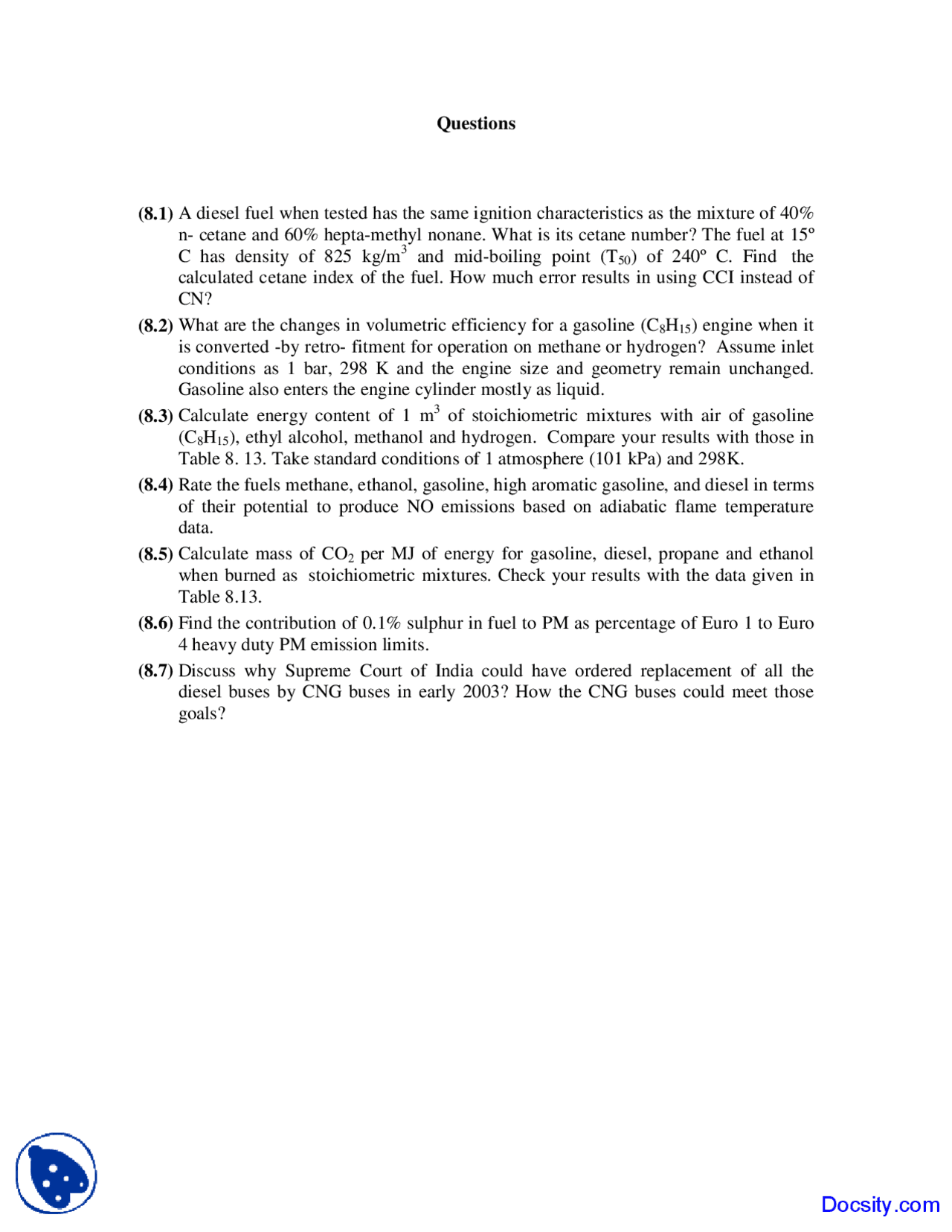 Calculated Cetane Index Engine Combustion Assignment Docsity