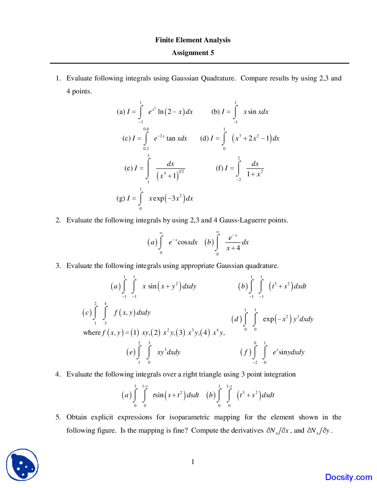 Gaussian Quadrature Finite Element Analysis Assignment Docsity