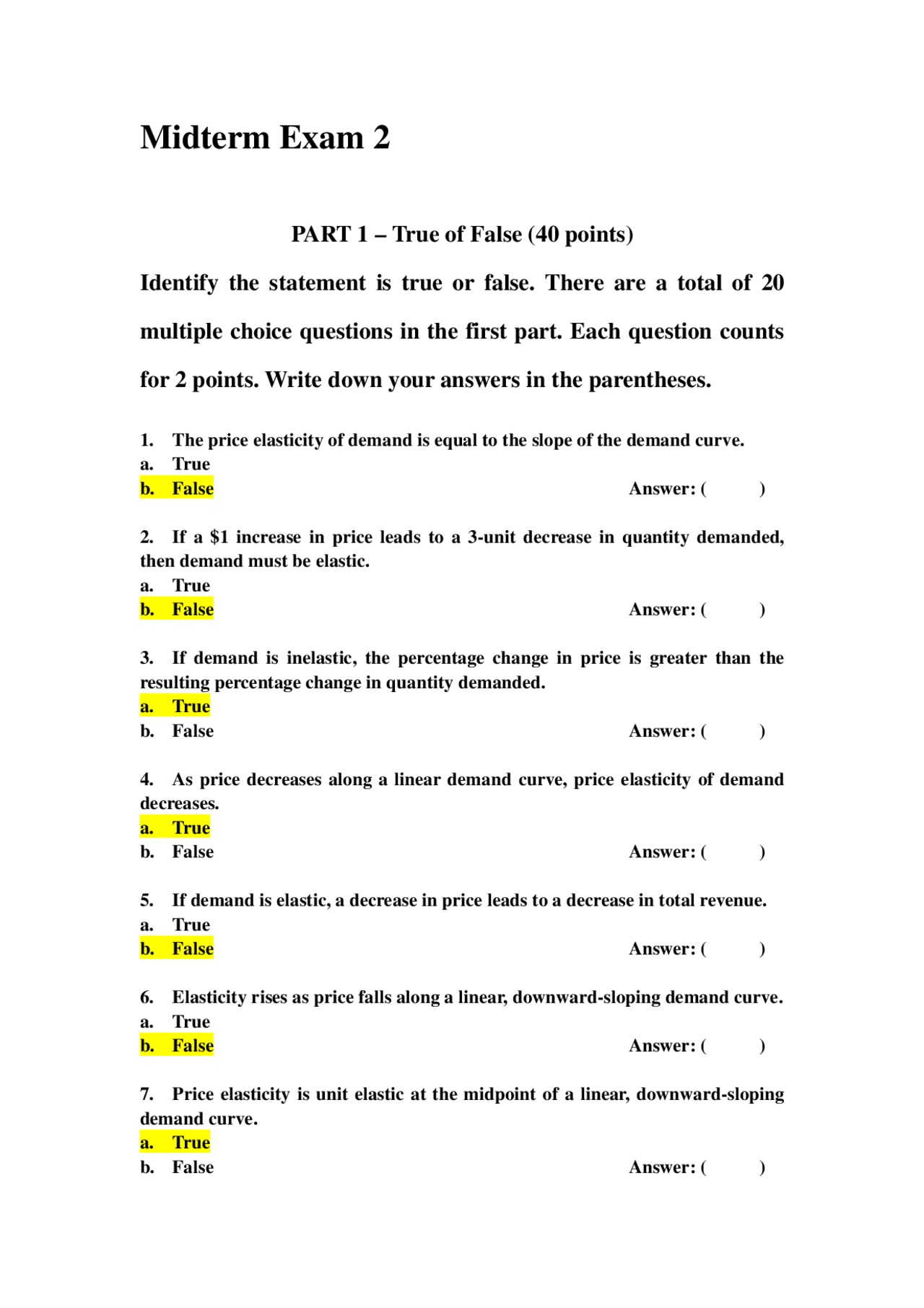 Midterm Exam 2 With Answer Key Principles Of Economics Econ 2005