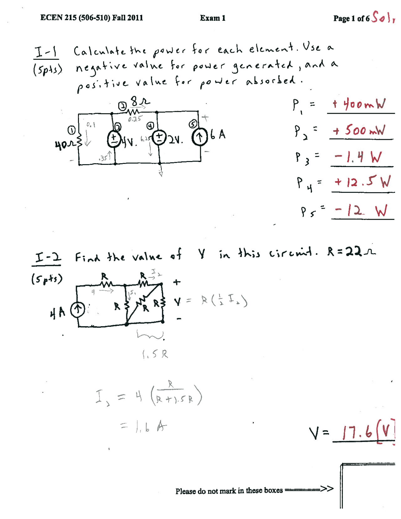 Exam 1 With Solutions Principles Of Electrical Engineering Ecen 215