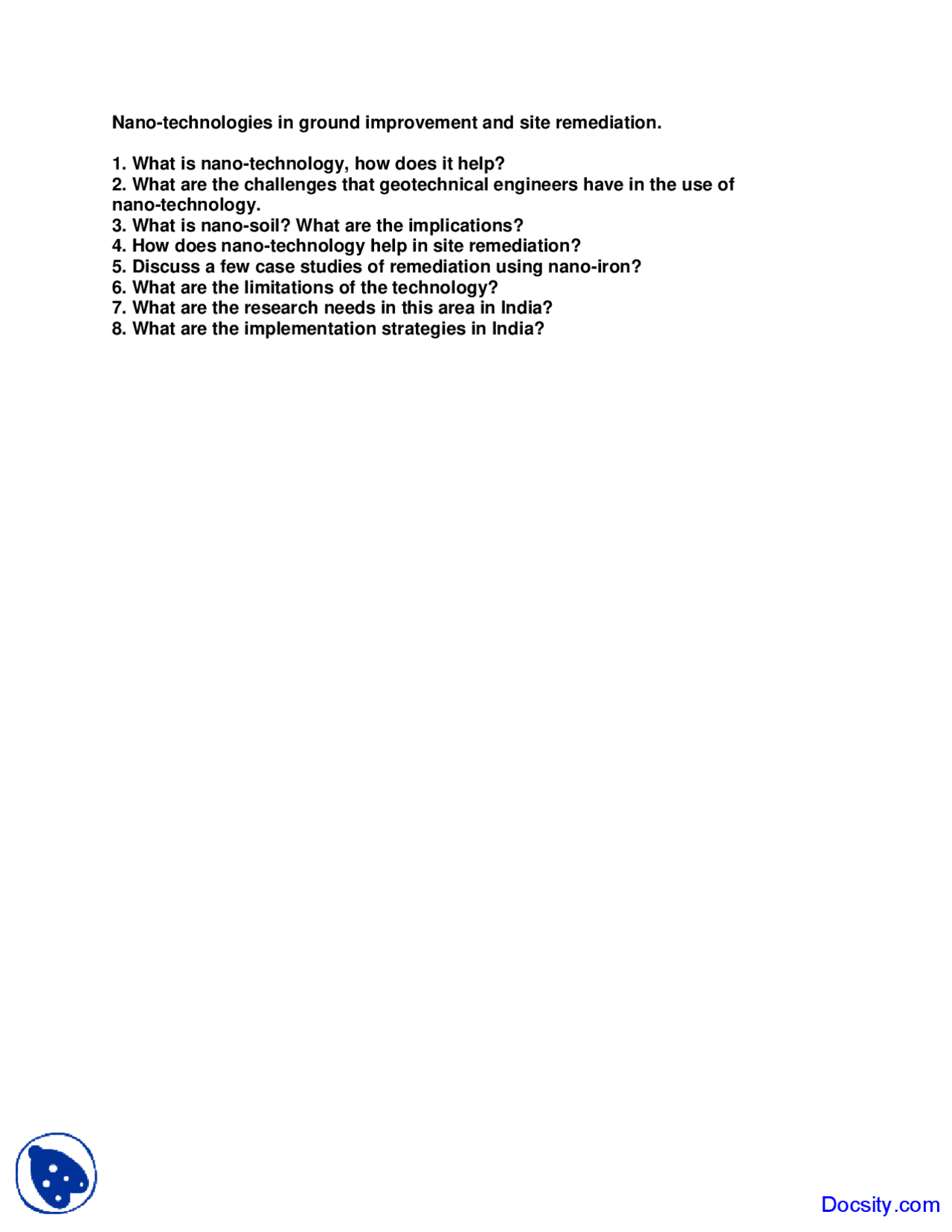 Nano-Technologies - Ground Improvement - Quiz - Docsity