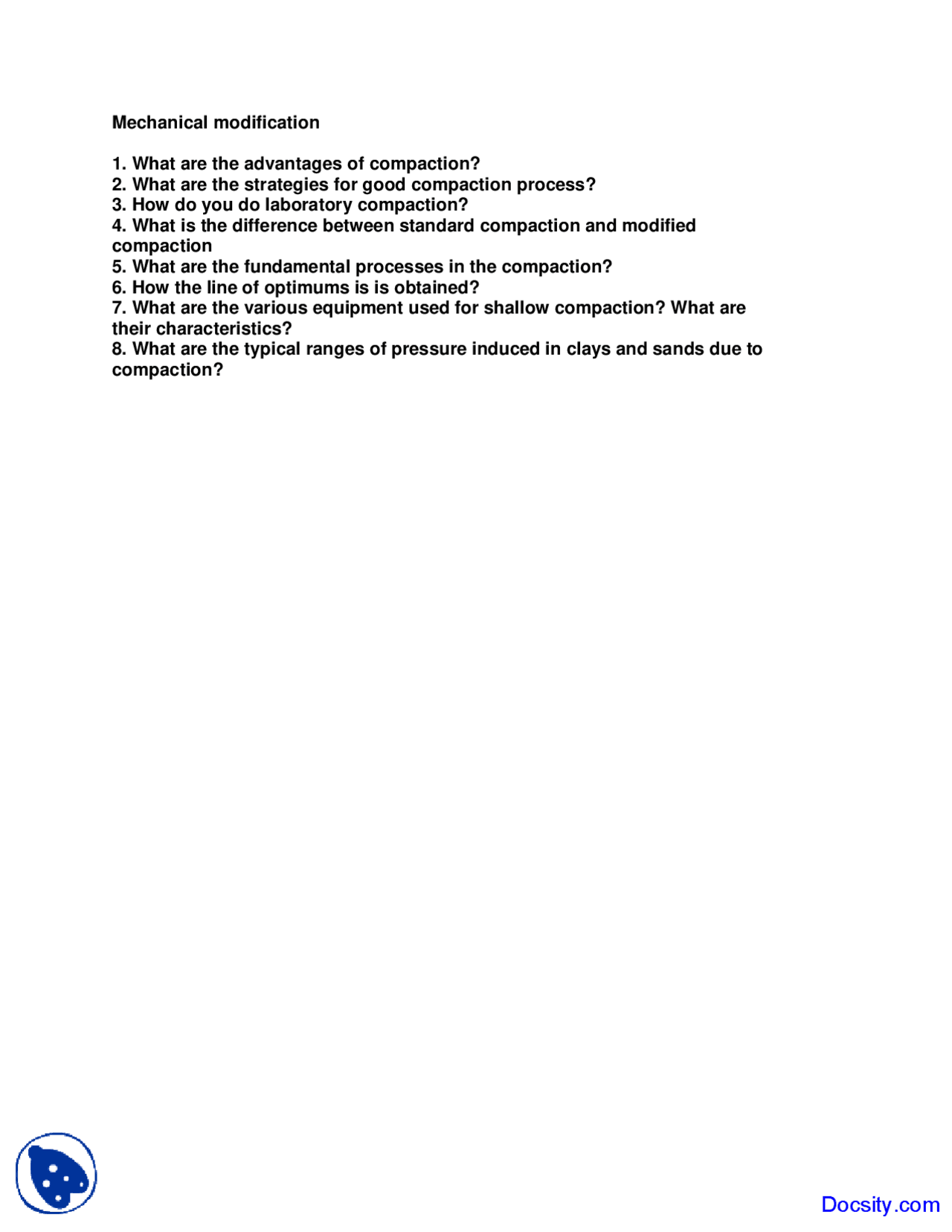 Mechanical Modification - Ground Improvement - Quiz - Docsity