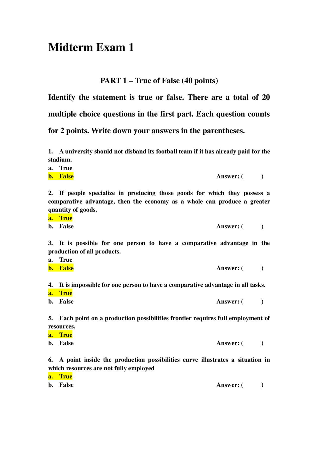 Principles Of Economics Midterm Exam 1 With Answer Key Econ 2005