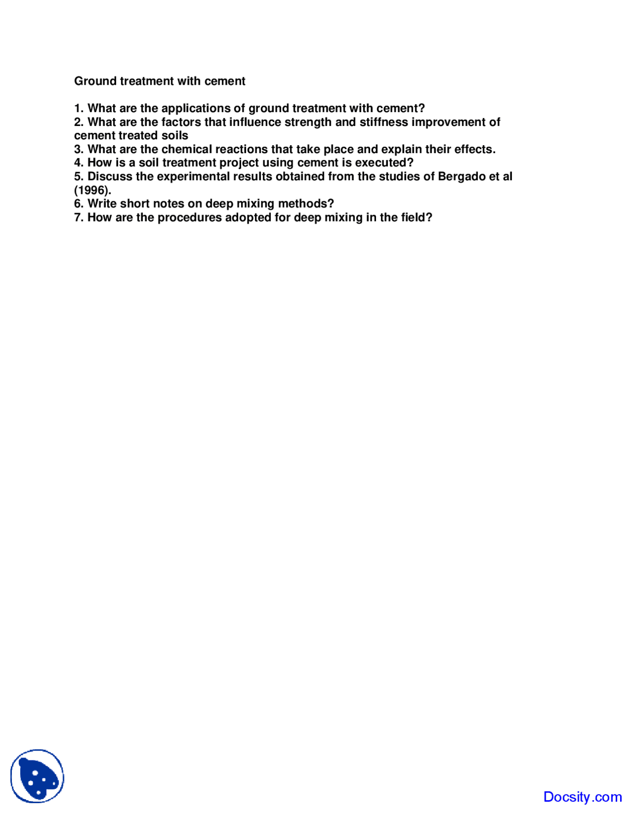 Ground Treatment with Cement - Ground Improvement - Quiz - Docsity
