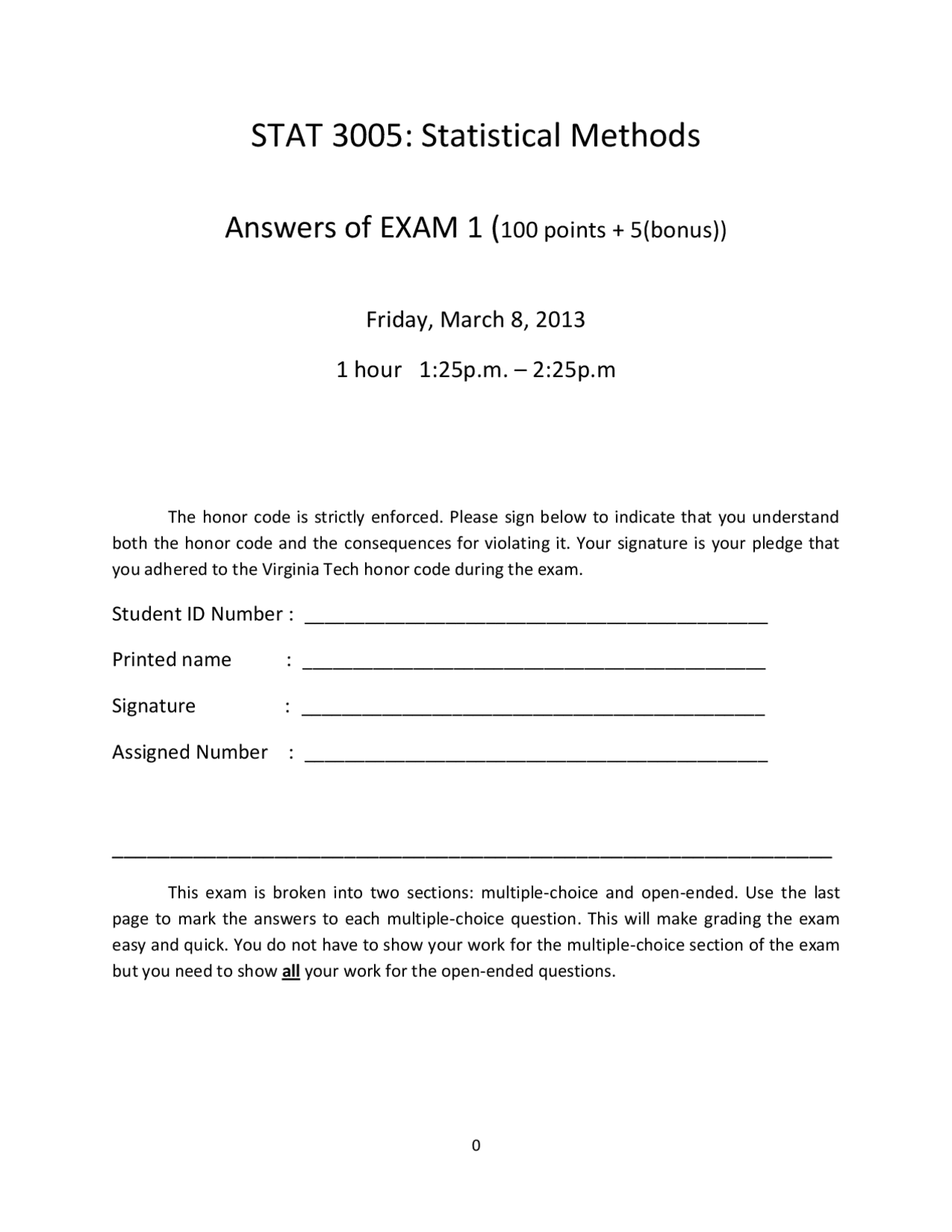 Answers to Practice Exam 1 on Statistical Methods | STAT 3005 - Docsity