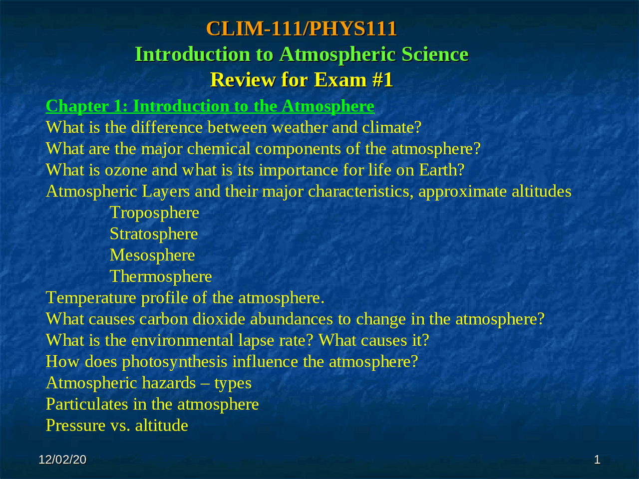 Exam 1 Study Guide for Introduction to Atmospheric Science | CLIM 111 ...