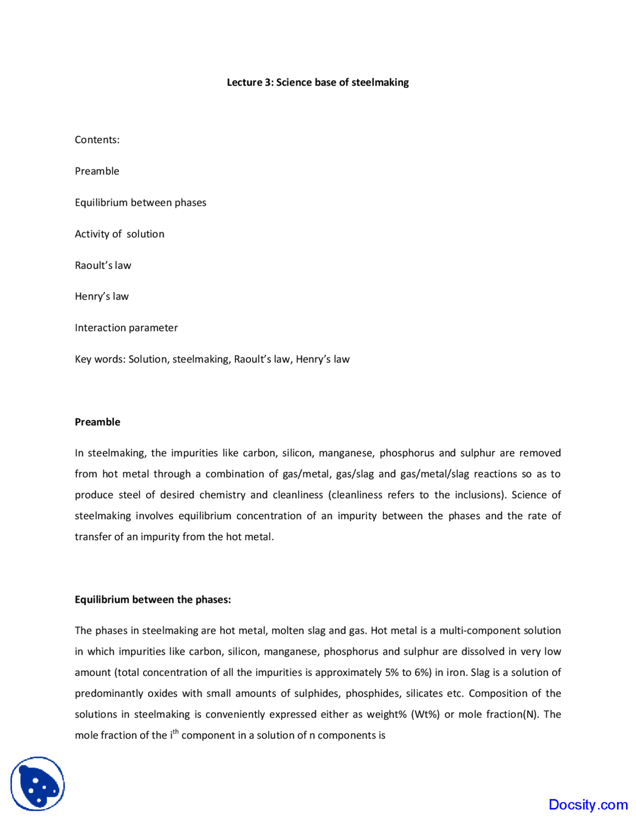 Science Base of Steelmaking - Steel Making - Lecture Notes - Docsity